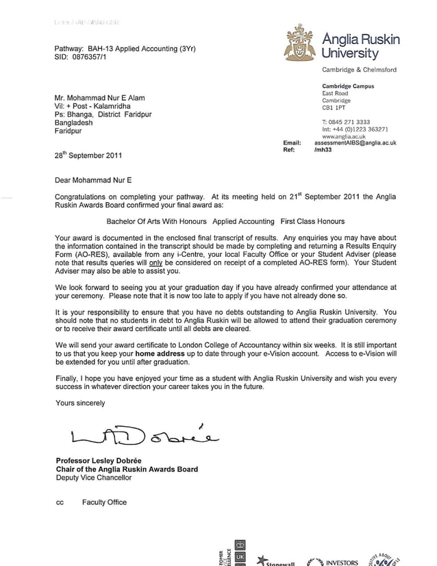 Degree course complition letter