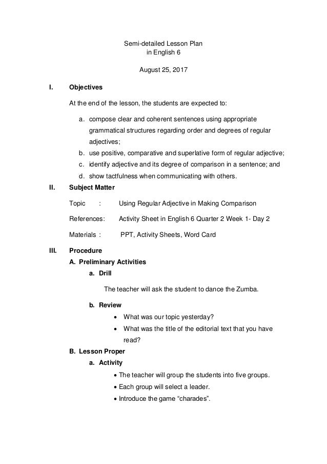 Semi Detailed Lesson Plan In English Grade 8 Adjectives - Design Talk
