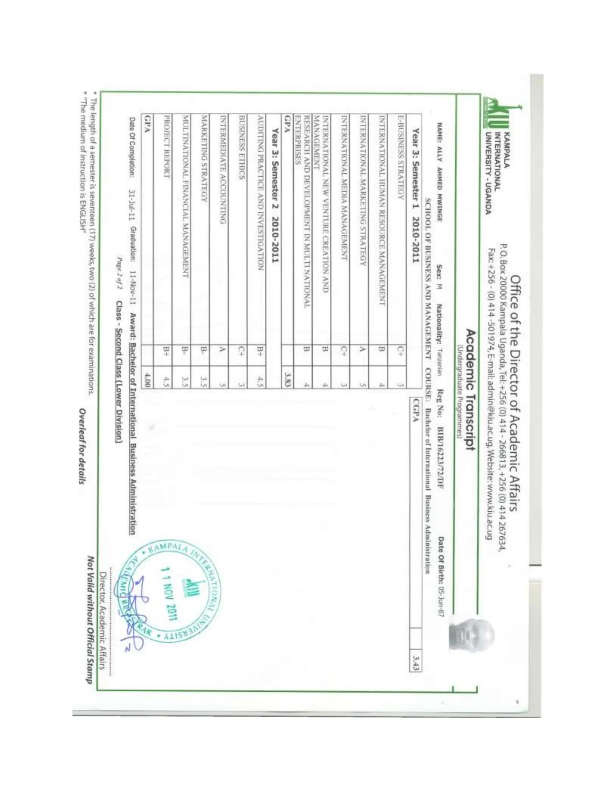Kampala International Degree Transcripts | PDF