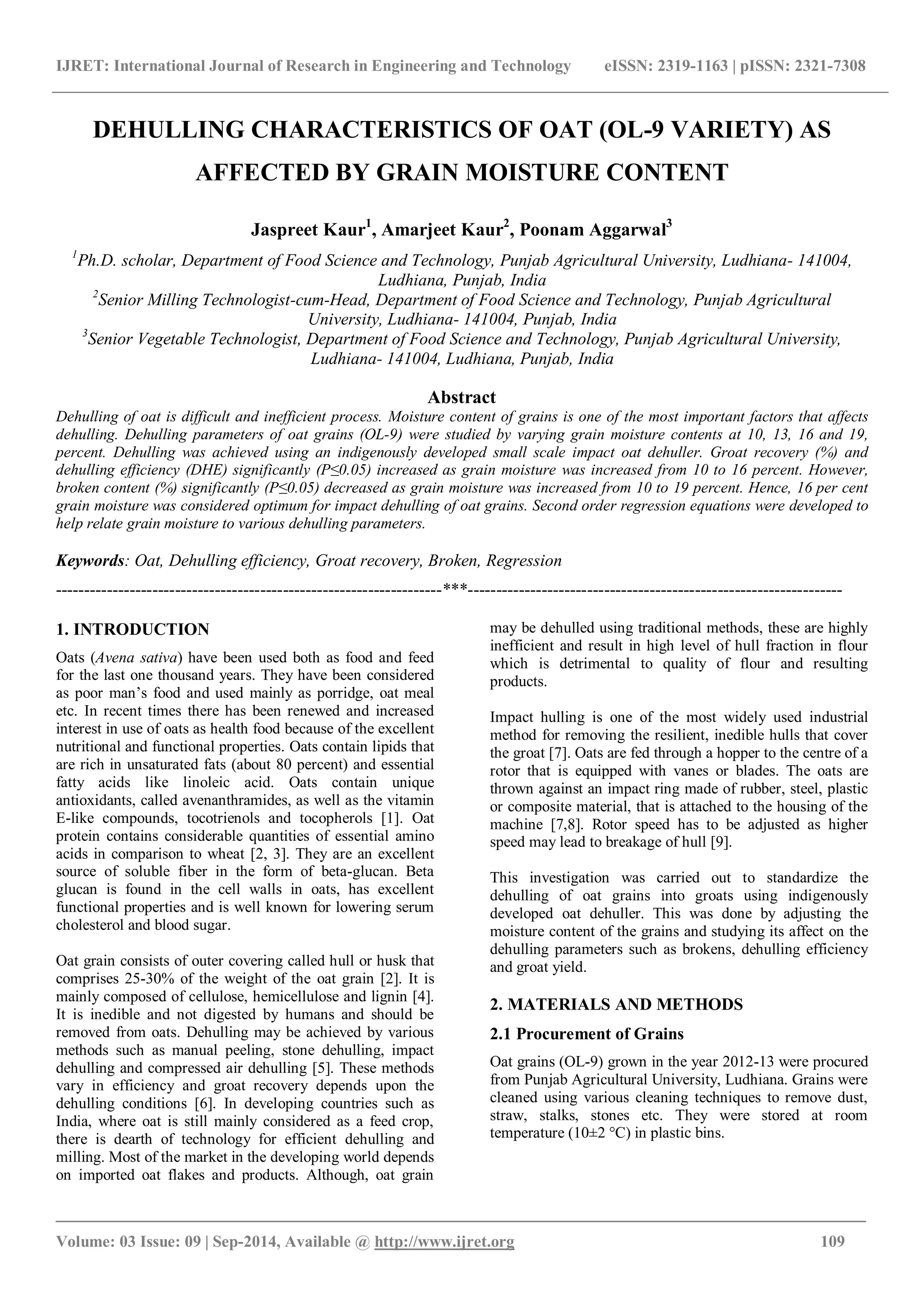 Dehulling characteristics of oat (ol 9 variety) as affected by grain ...