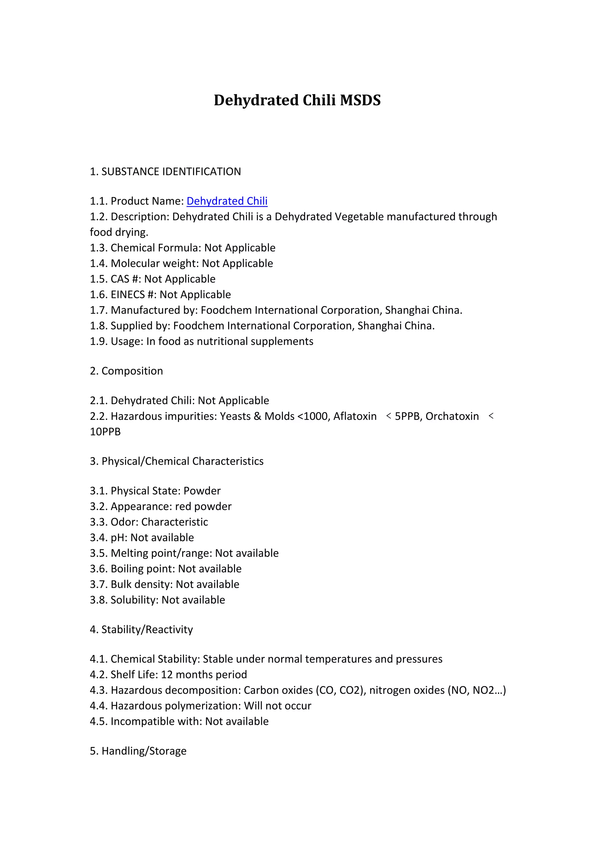Dehydrated chili msds | PDF