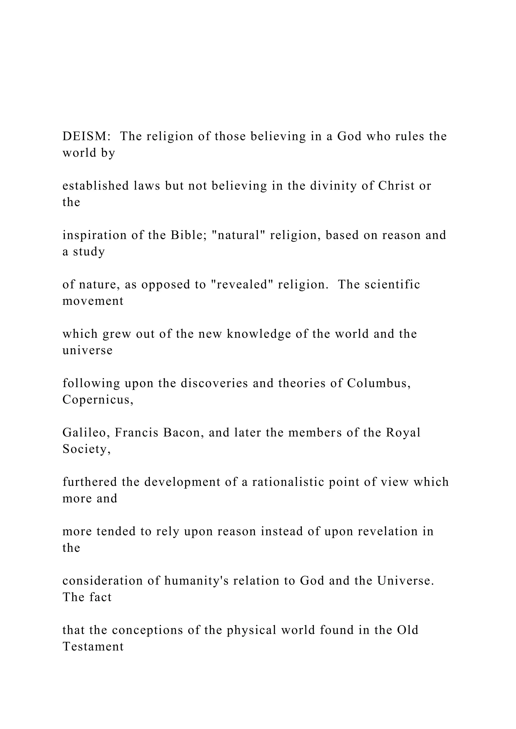 DEISM The religion of those believing in a God who rules the.docx ...