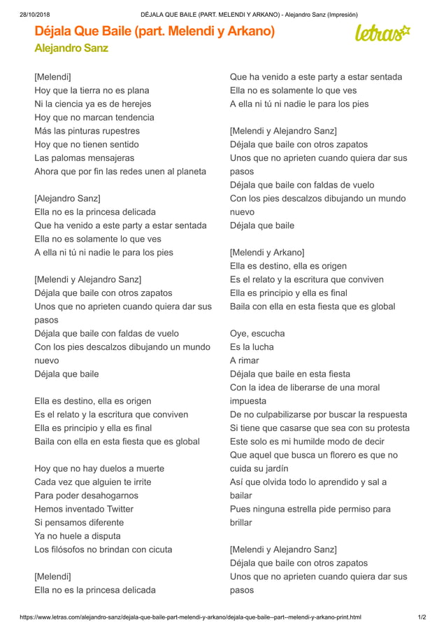 Dejala que baile (part. melendi y arkano) alejandro sanz (impresion) | PDF
