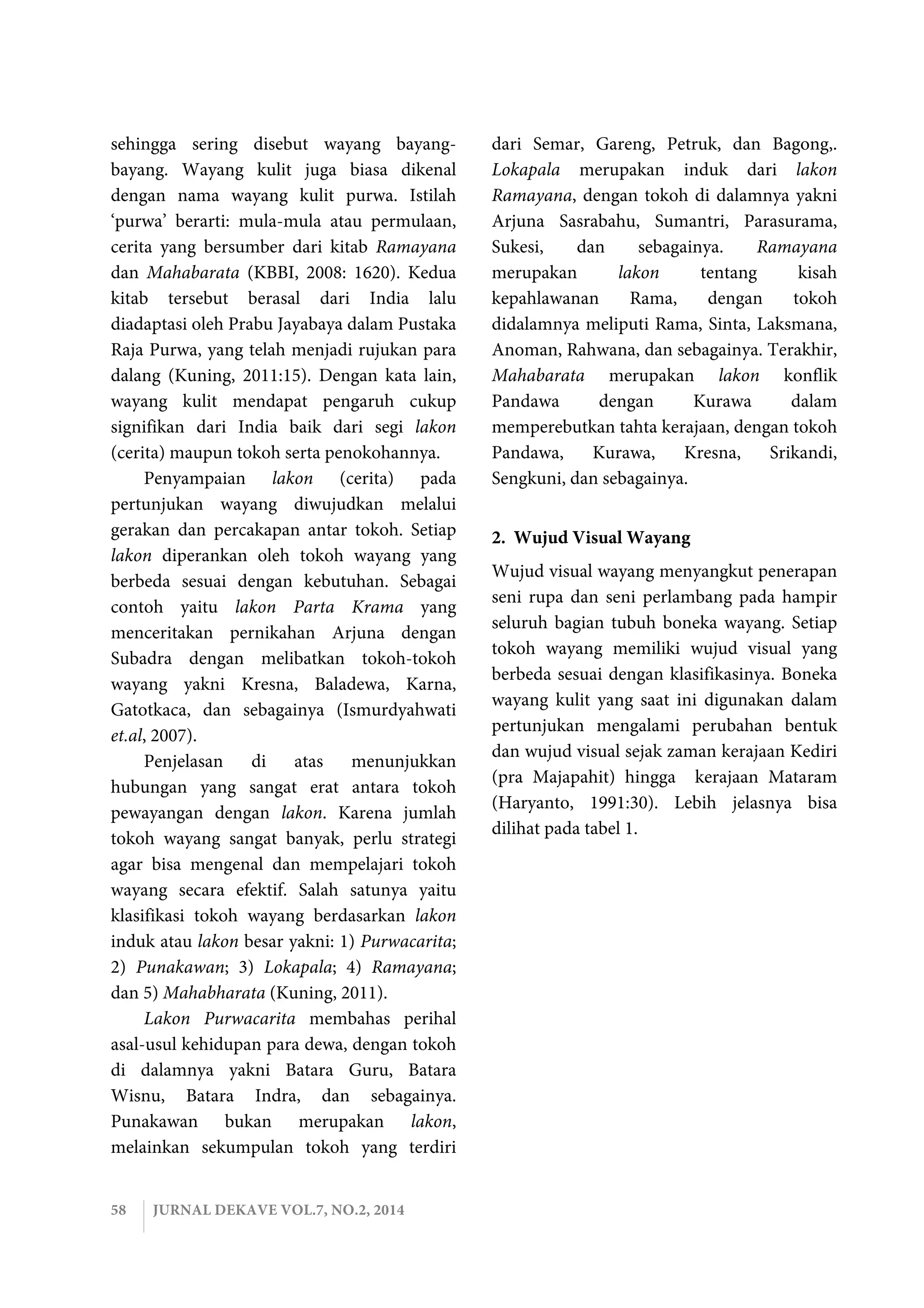 PERANCANGAN MODEL WUJUD VISUAL TOKOH PEWAYANGAN DALAM PEMBENTUKAN IDENTITAS DAN WATAK TOKOH ...