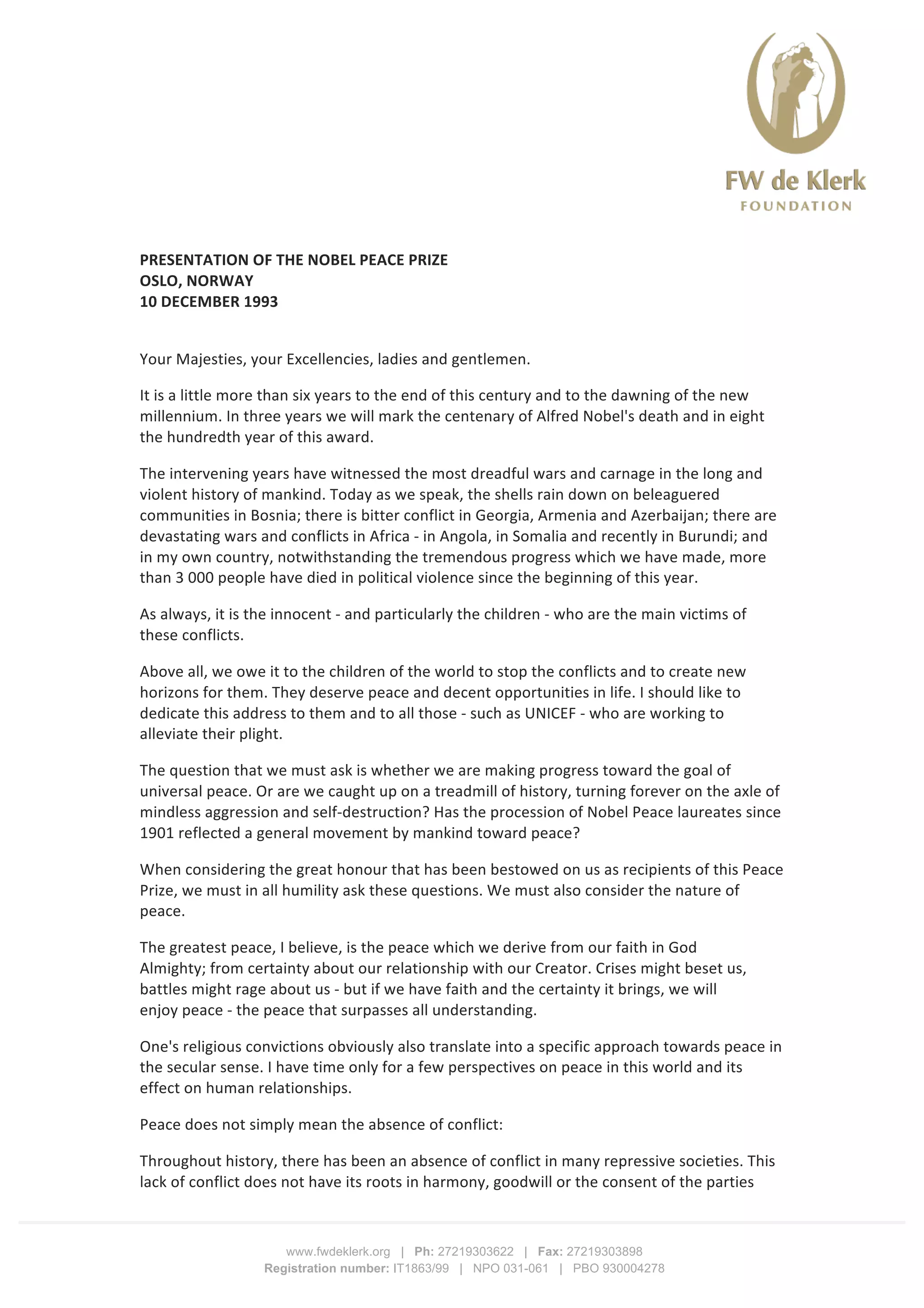 De Klerk Nobel Prize acceptance speech | PDF