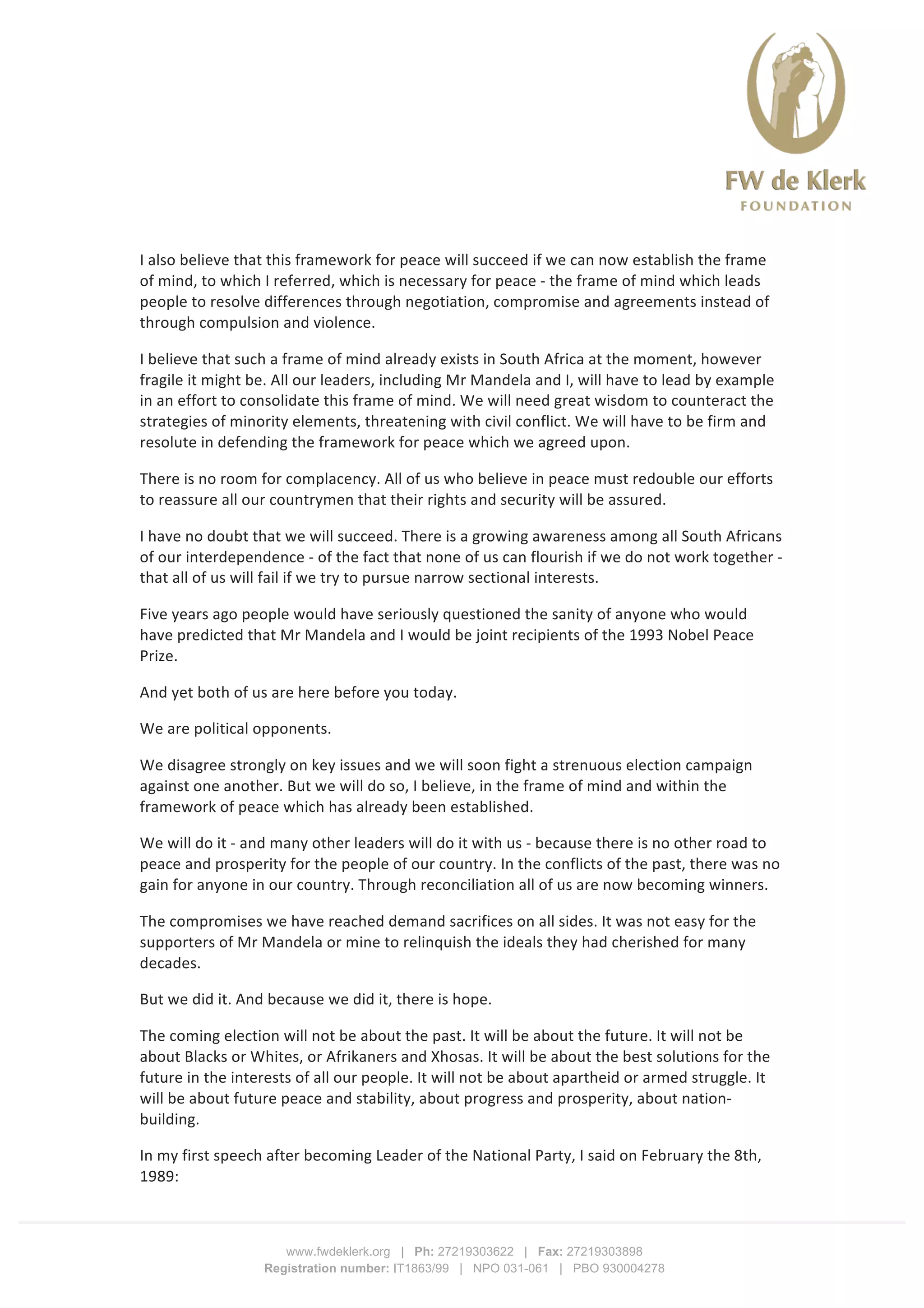 De Klerk Nobel Prize acceptance speech | PDF