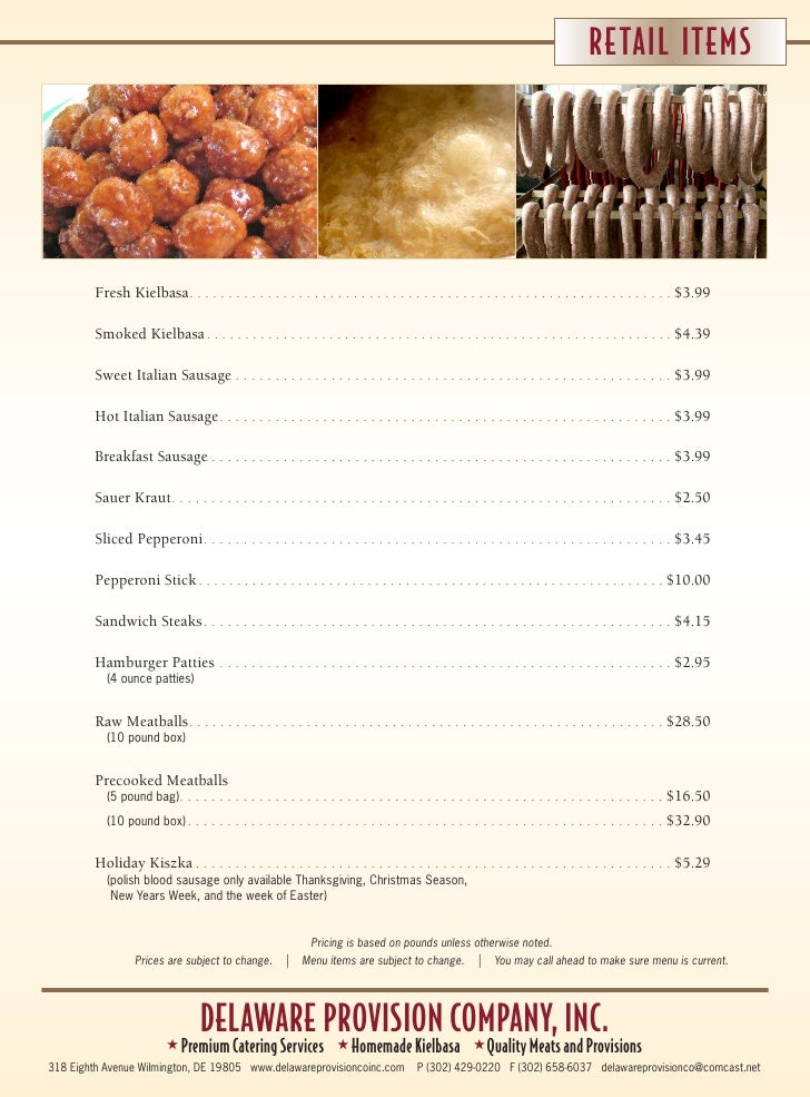 Delaware Provision Catering Menu