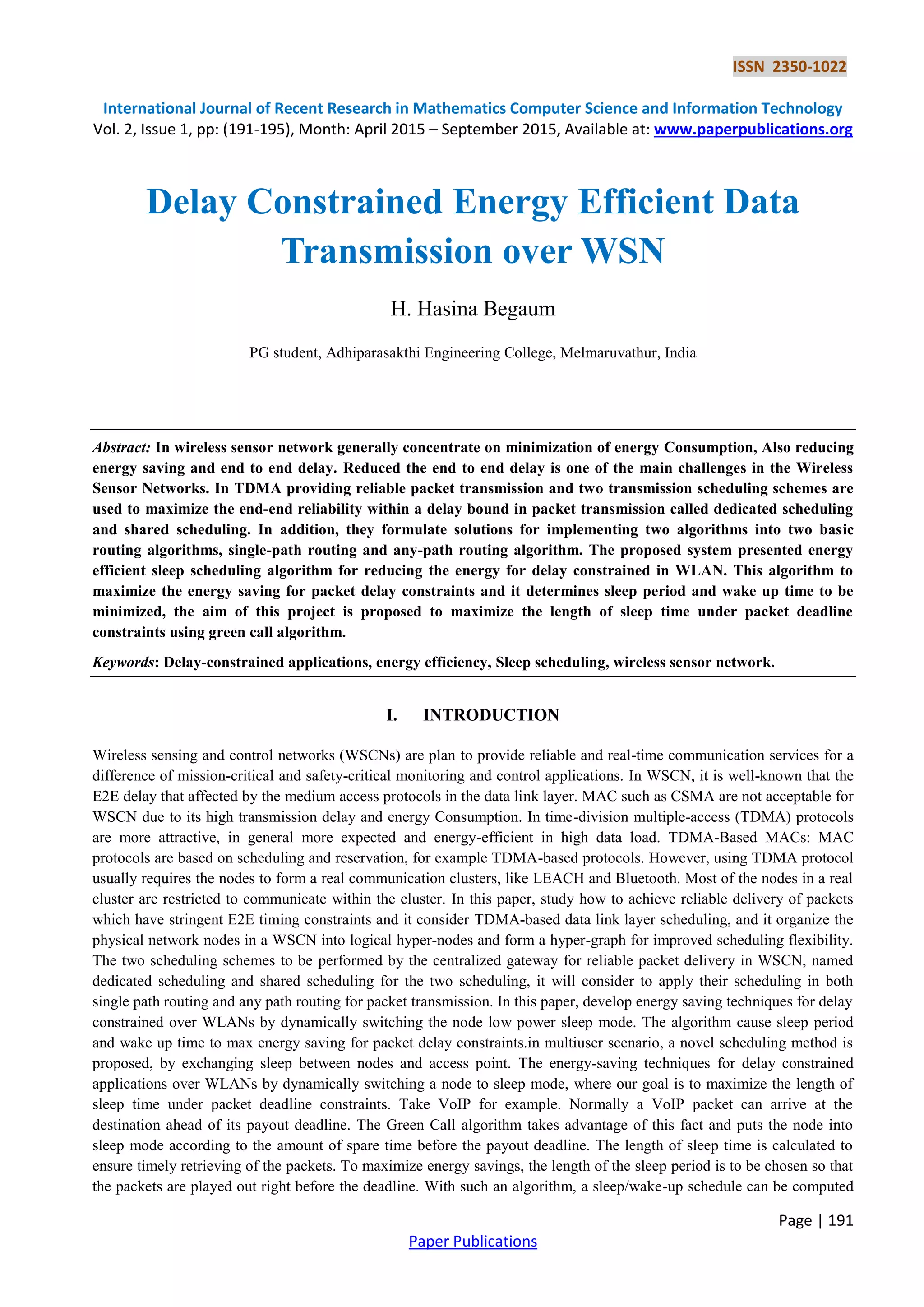Delay Constrained Energy Efficient Data Transmission Over Wsn Pdf