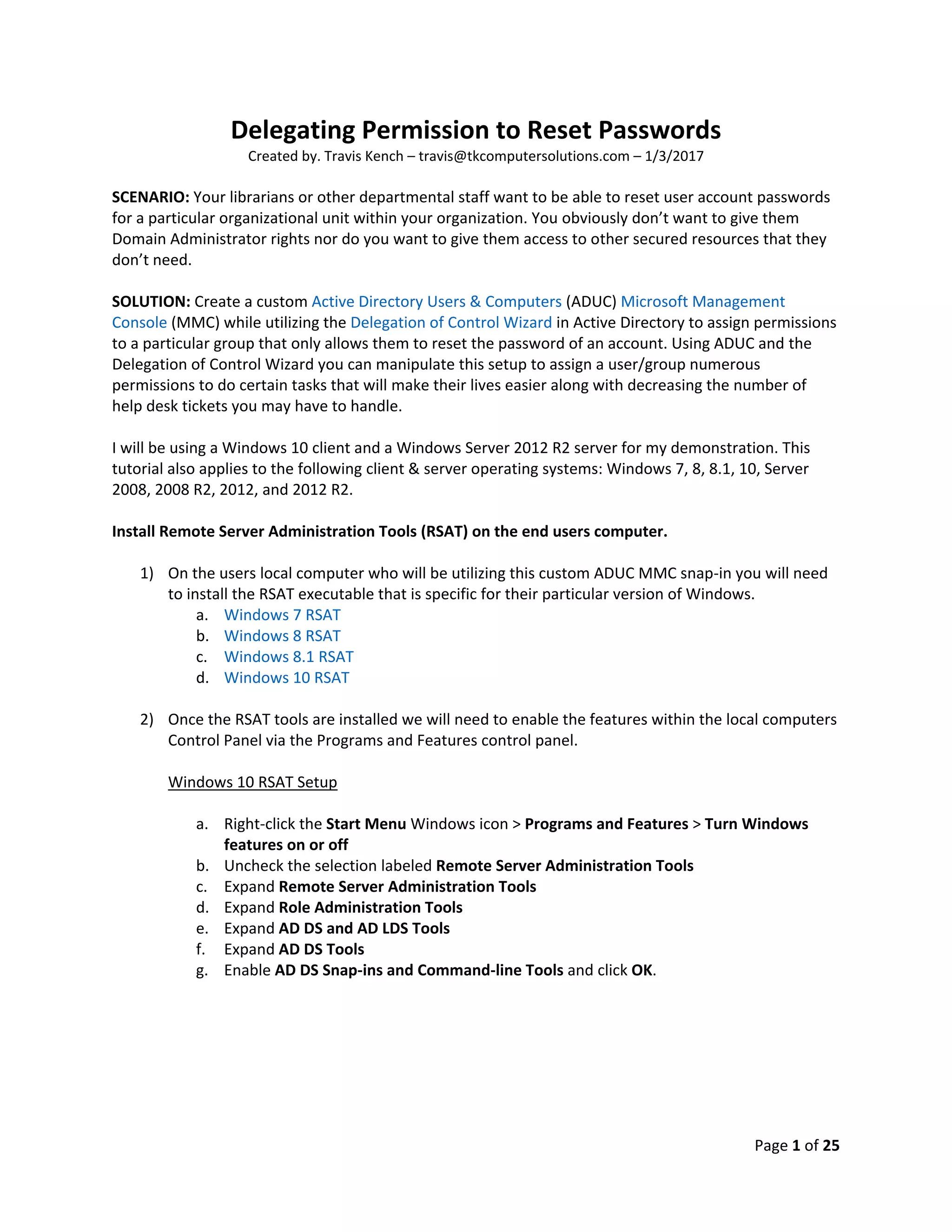 Delegating Active Directory Permission to Reset Passwords | PDF