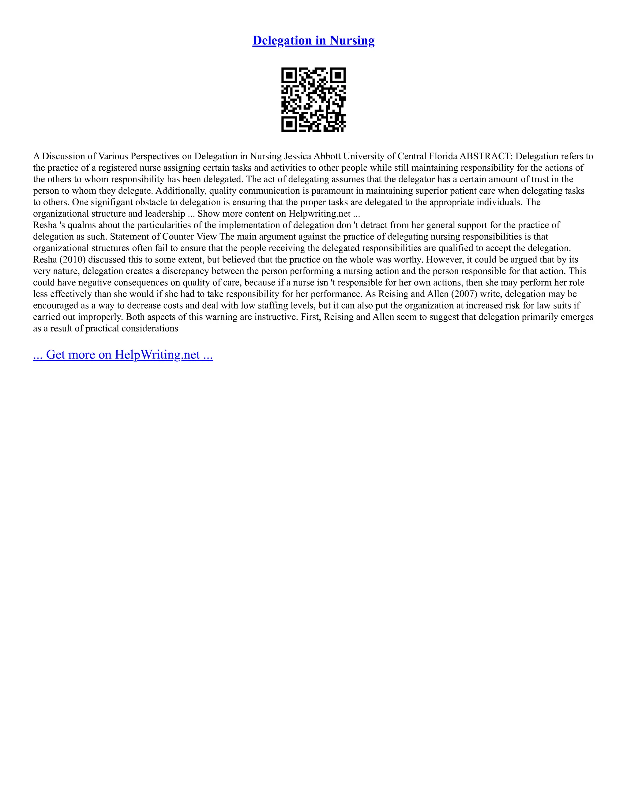 Delegation In Nursing | PDF