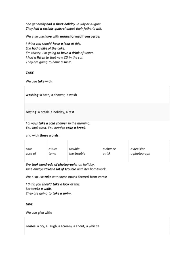 Delexical verbs | DOCX | Bath and Shower | Personal Care