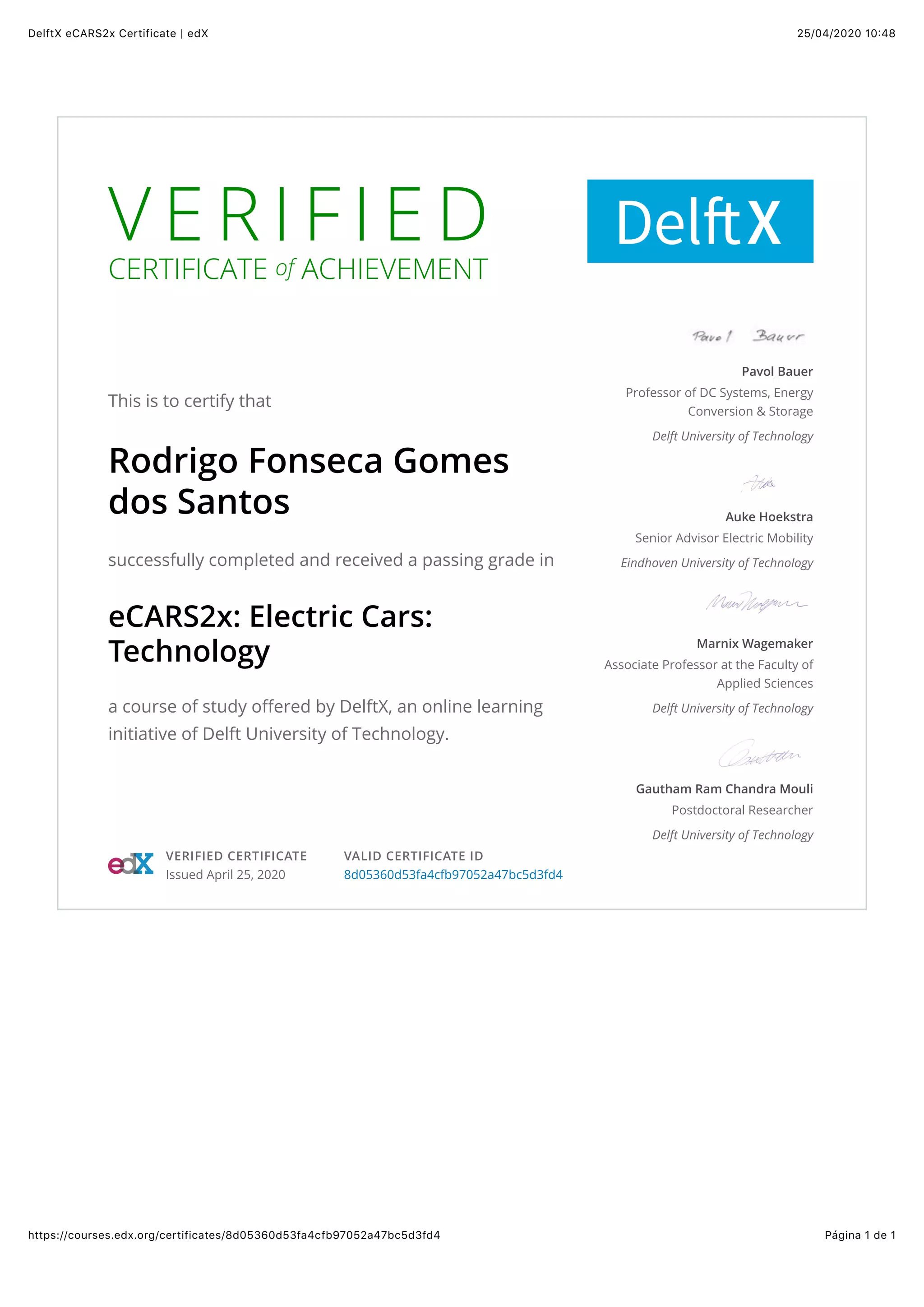Certificate - Electric Cars - Technology Course | PDF