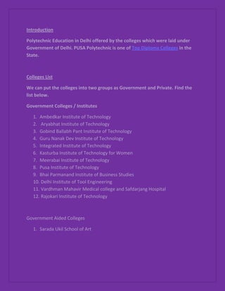 Delhi Polytechnic Colleges with Proper Information | PDF