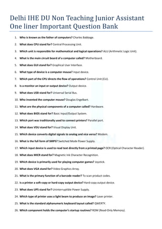 Delhi IHE DU Non Teaching Junior Assistant Computer Question Bank | PDF