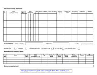 Delhi ration card Application Form | DOC