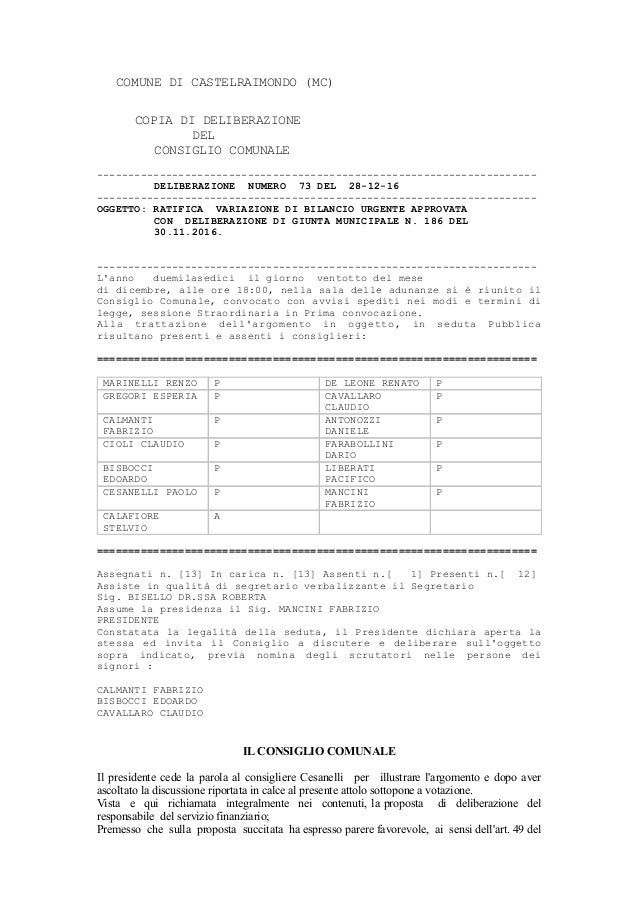 Delibera consiglio n_73 - Comune di Castelraimondo Delibera consiglio n_73 - Comune di Castelraimondo