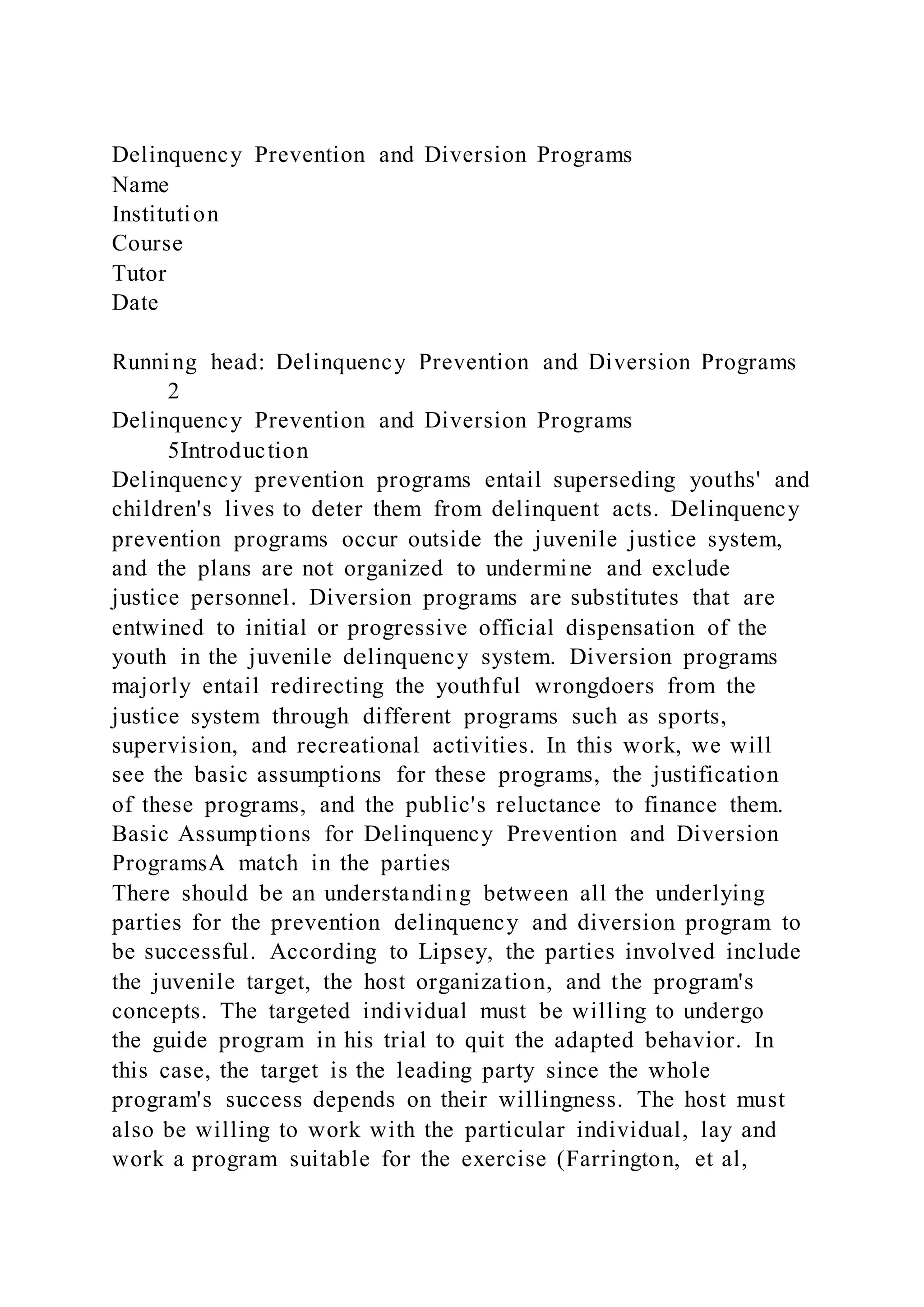 Delinquency Prevention and Diversion ProgramsNameInstitutionCo | DOCX