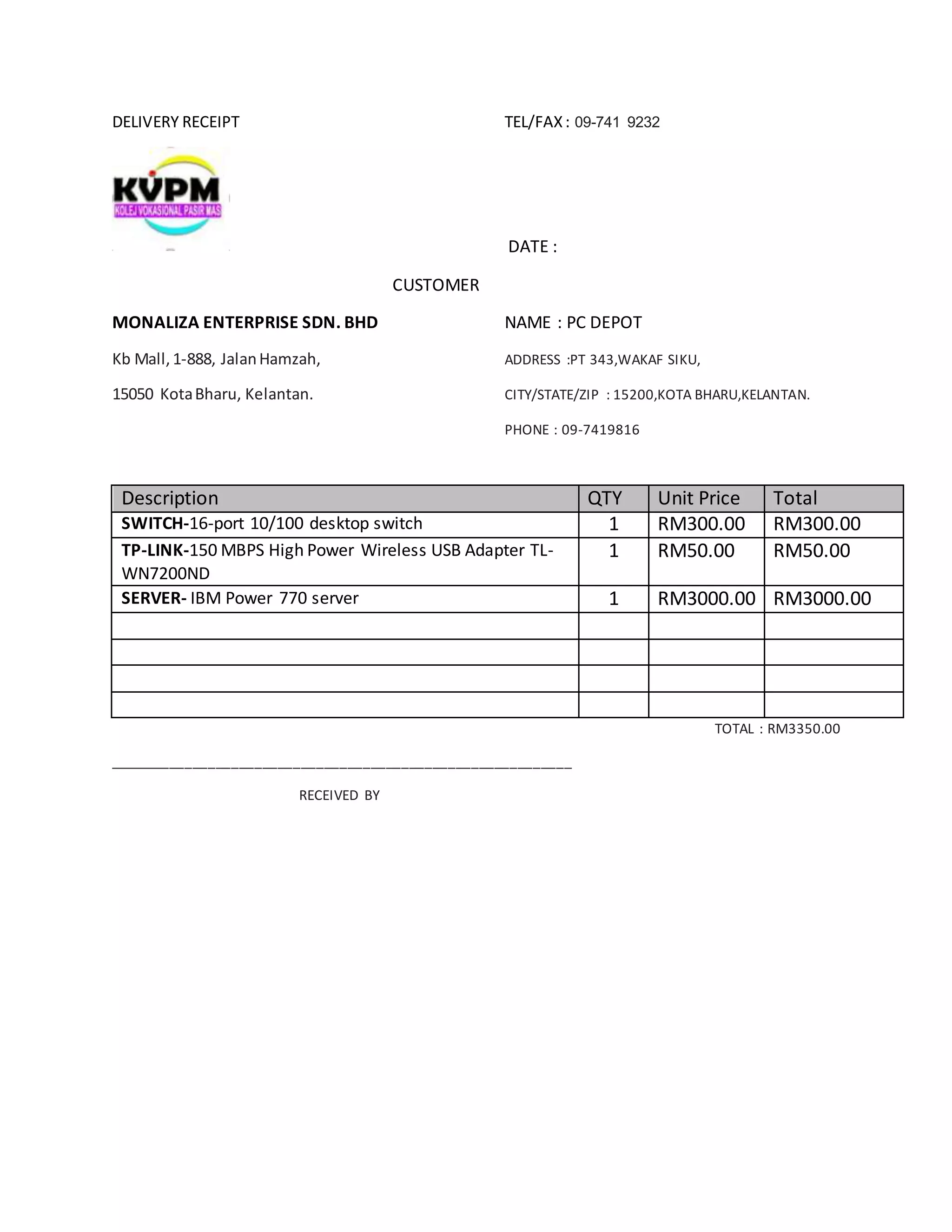 Example Delivery receipt | DOCX
