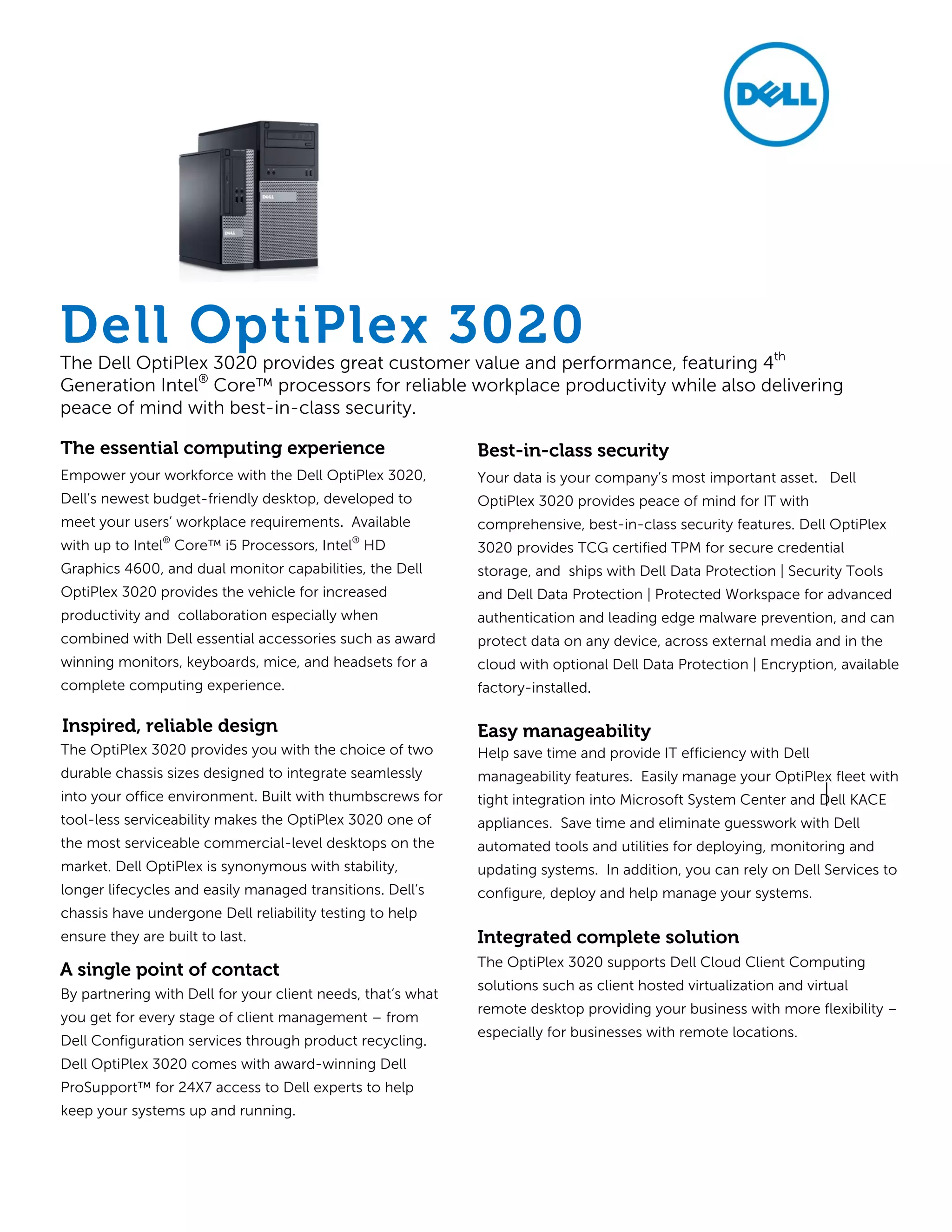 Dell opti plex-3020-spec-sheet | PDF
