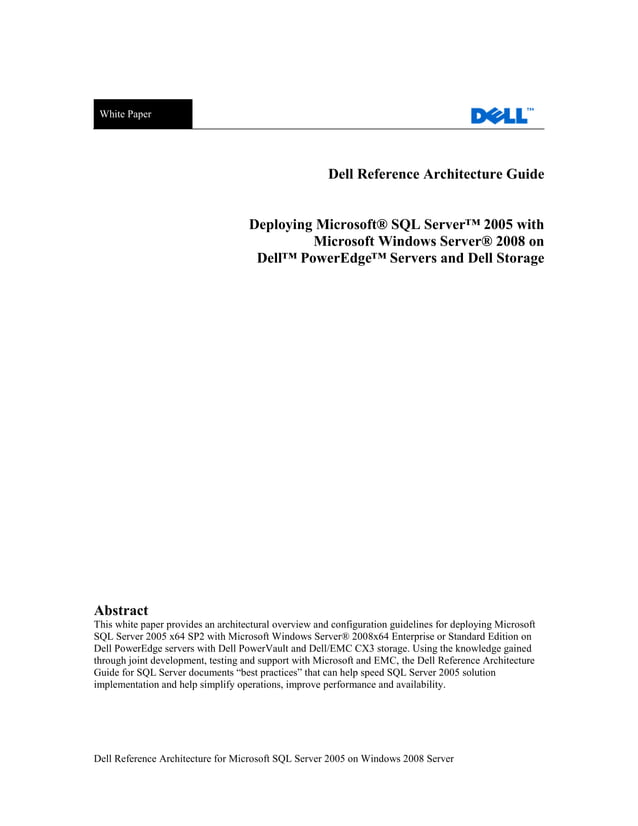 Dell Reference Architecture Guide Deploying Microsoft® SQL ... | PDF