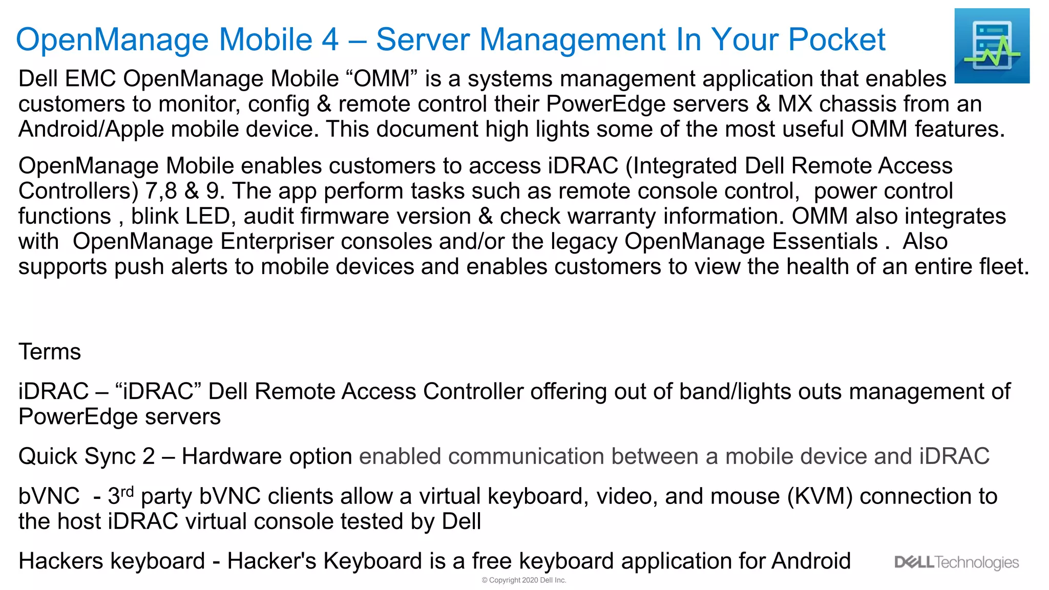 Dell emc open manage mobile "omm" feature tour | PDF