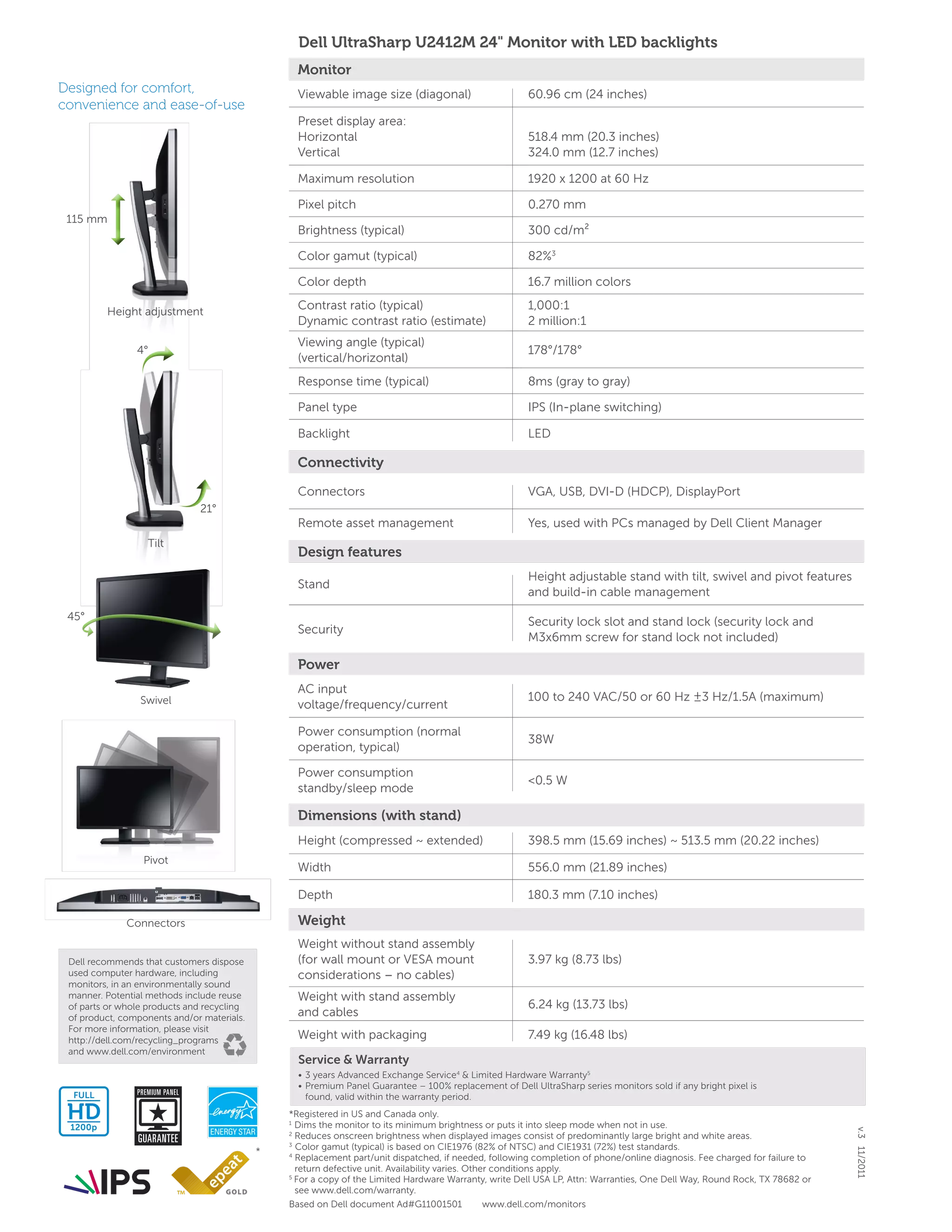 Dell ultrasharp u2412m datasheet | PDF