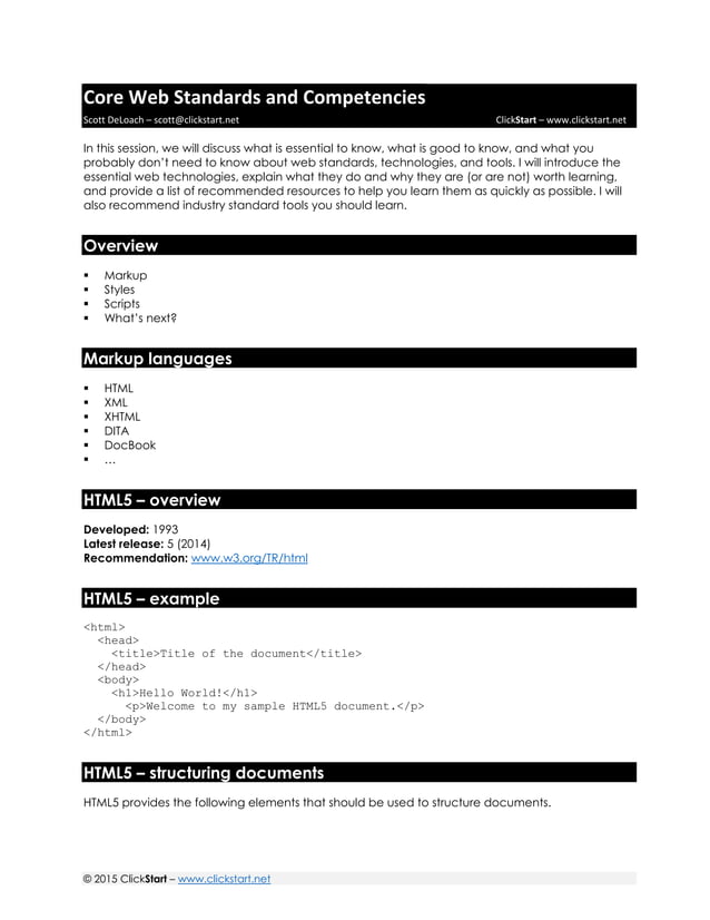 Core Web Standards and Competencies - WritersUA East 2015, Scott DeLoach, ClickStart | PDF | Web ...