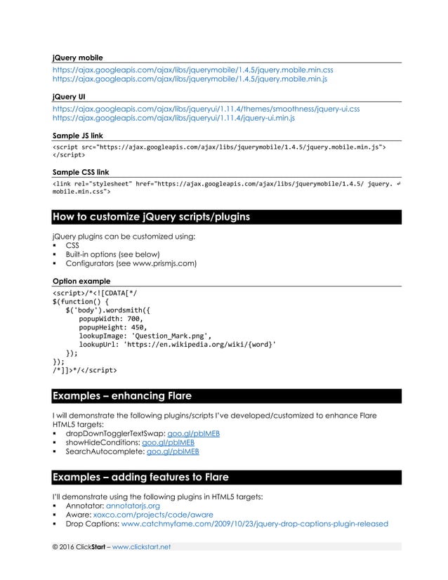 Extending MadCap Flare HTML5 Targets with jQuery - MadWorld 2016, Scott DeLoach, ClickStart | PDF