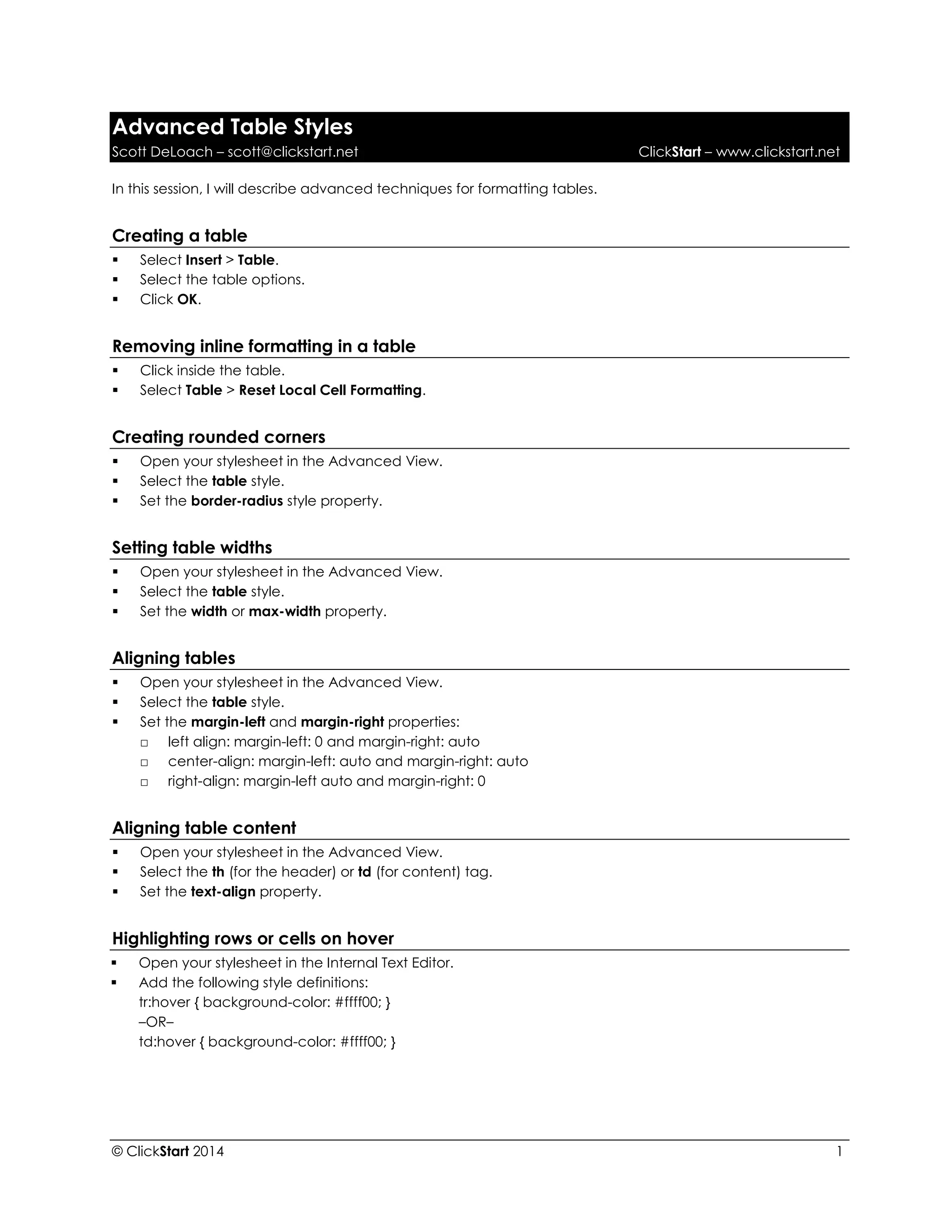 MadCap Flare: Advanced Table Styles - MadWorld 2014, Scott DeLoach, ClickStart | PDF