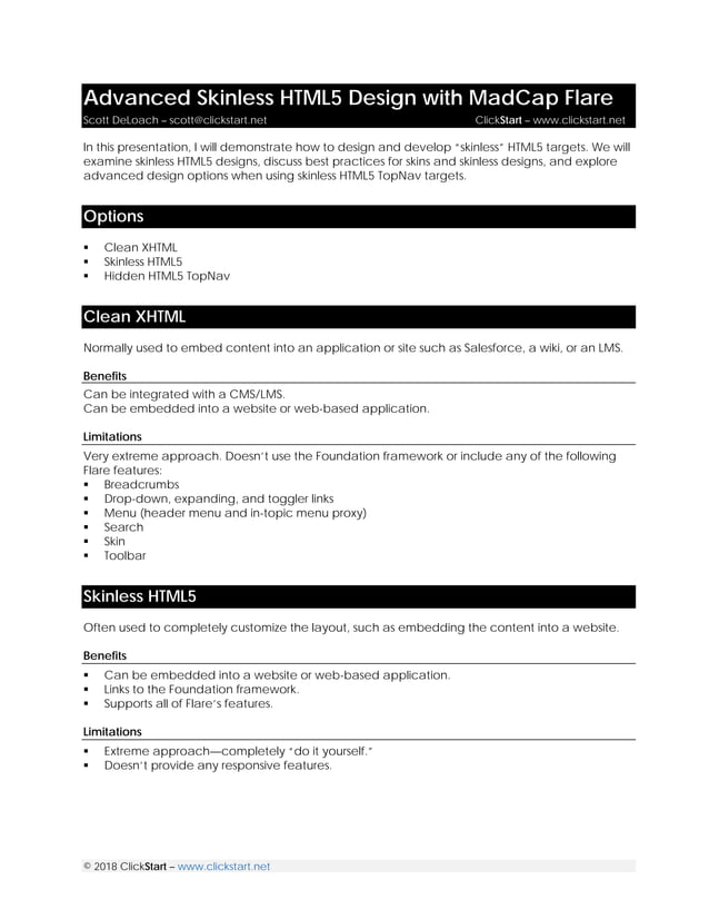 Advanced Skinless HTML5 Design with MadCap Flare - MadWorld 2018, Scott DeLoach, ClickStart | PDF