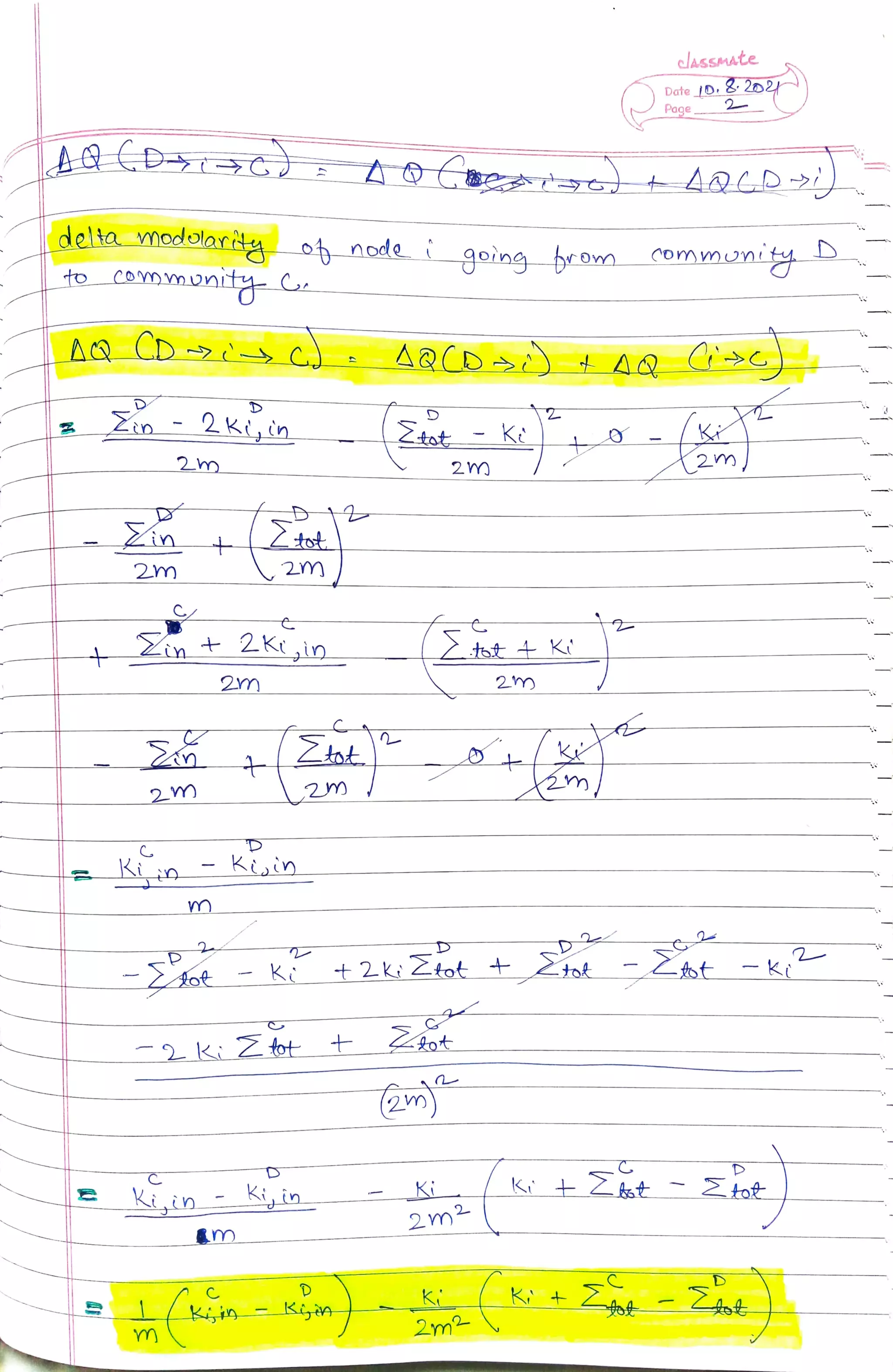 Delta modularity derivation (Louvain algorithm) : NOTES | PDF