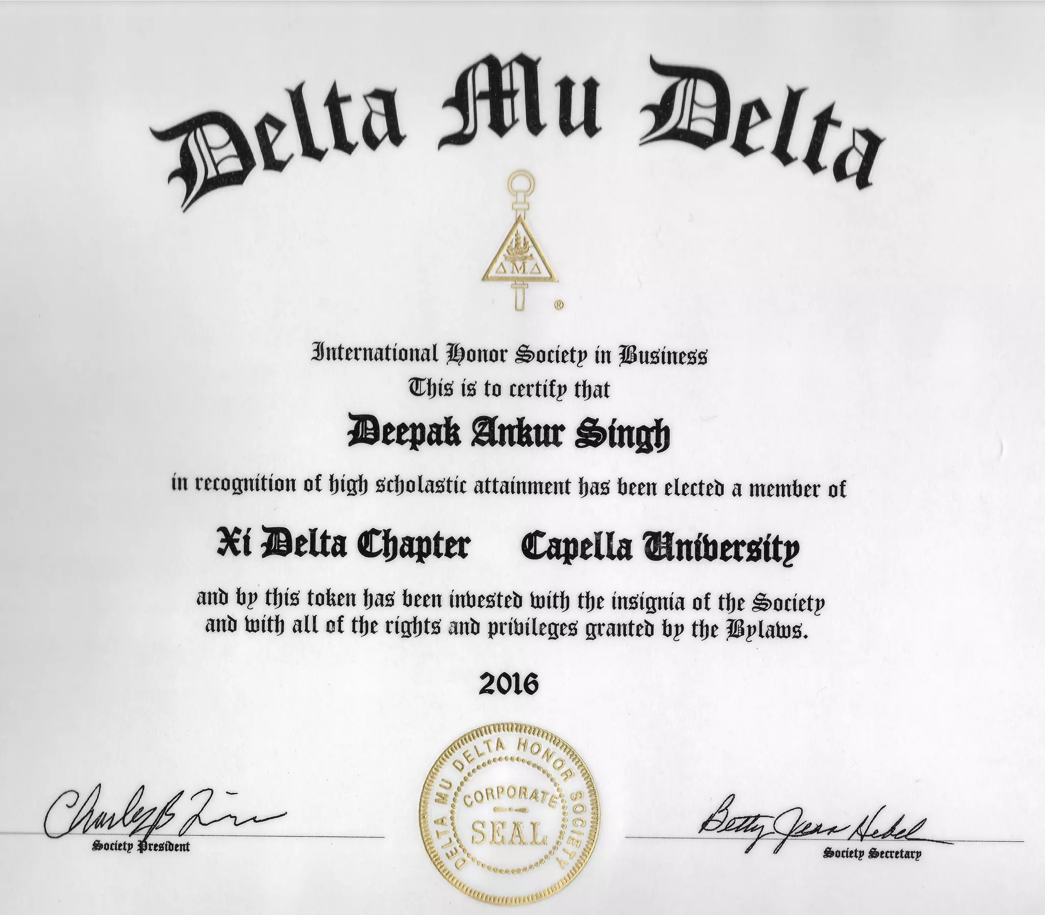 Delta Mu Delta Certificate of Deepak (Danny) Singh | PDF