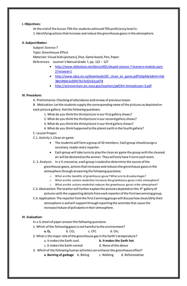 Greenhouse Effect Lesson Plan | DOCX | Indoor Environmental Quality ...