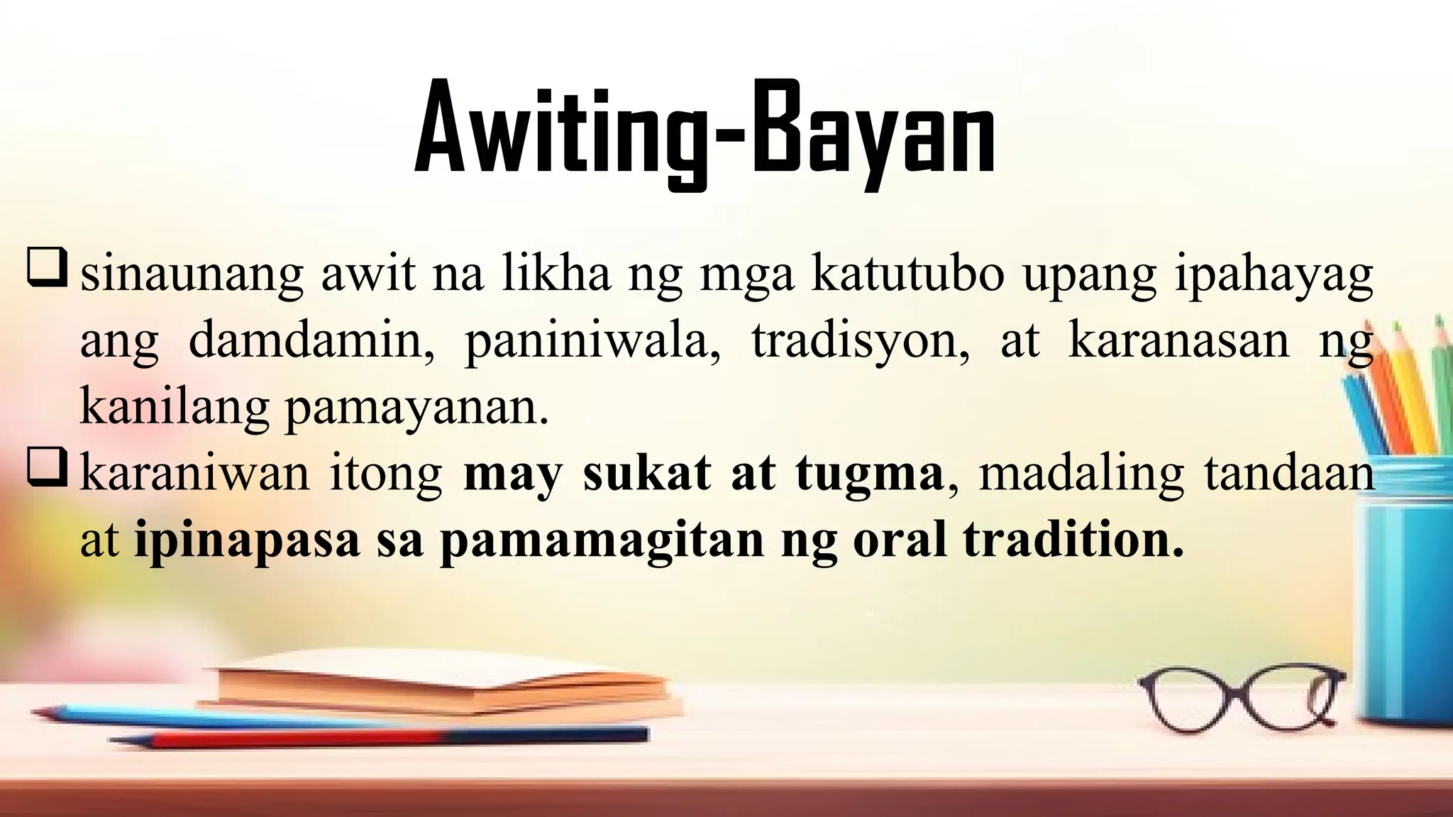 Mga uri ng awiting bayan at kahulugan ng awiting bayan | PPTX