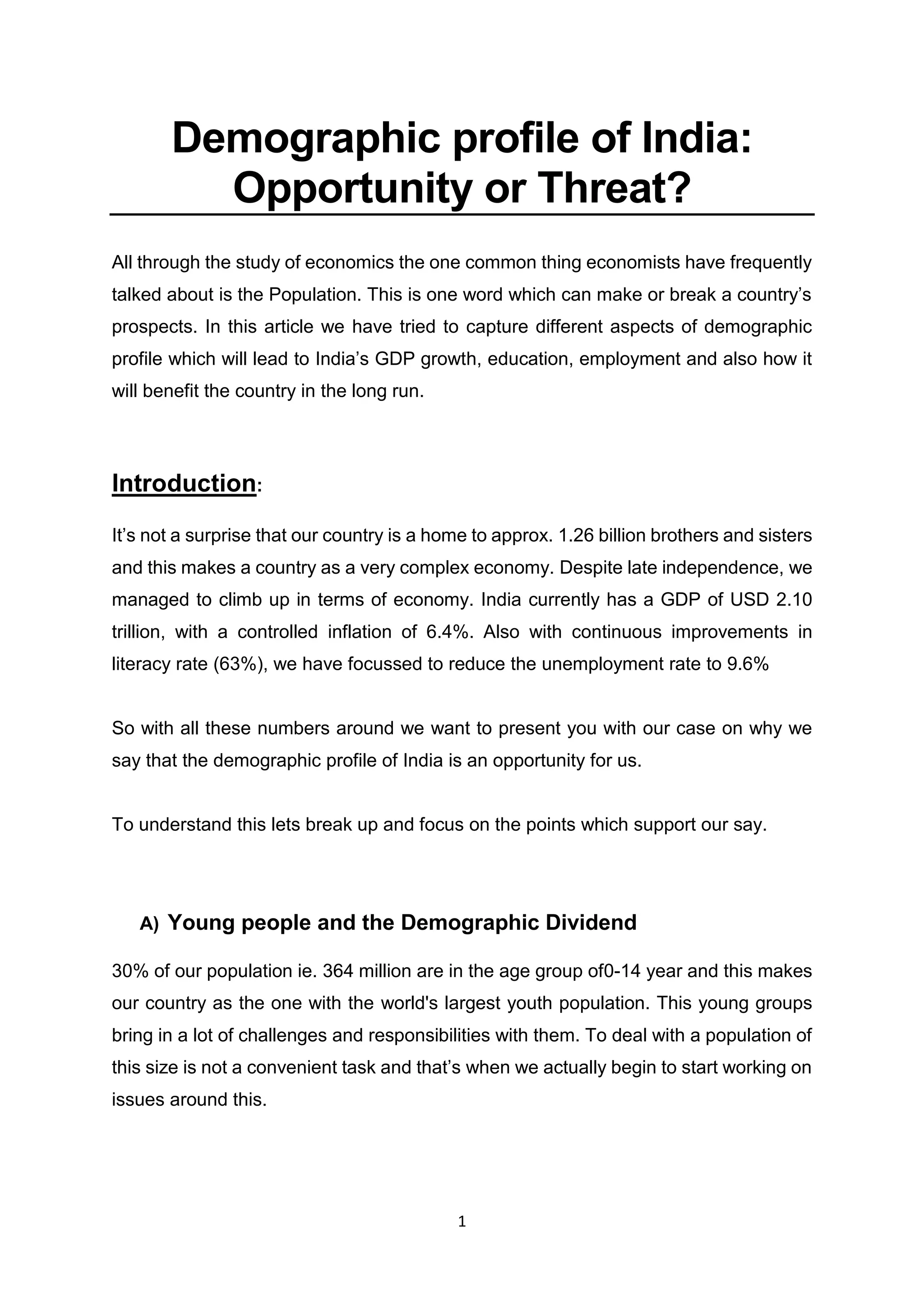 Demographic profile of India: Opportunity or Threat? | PDF