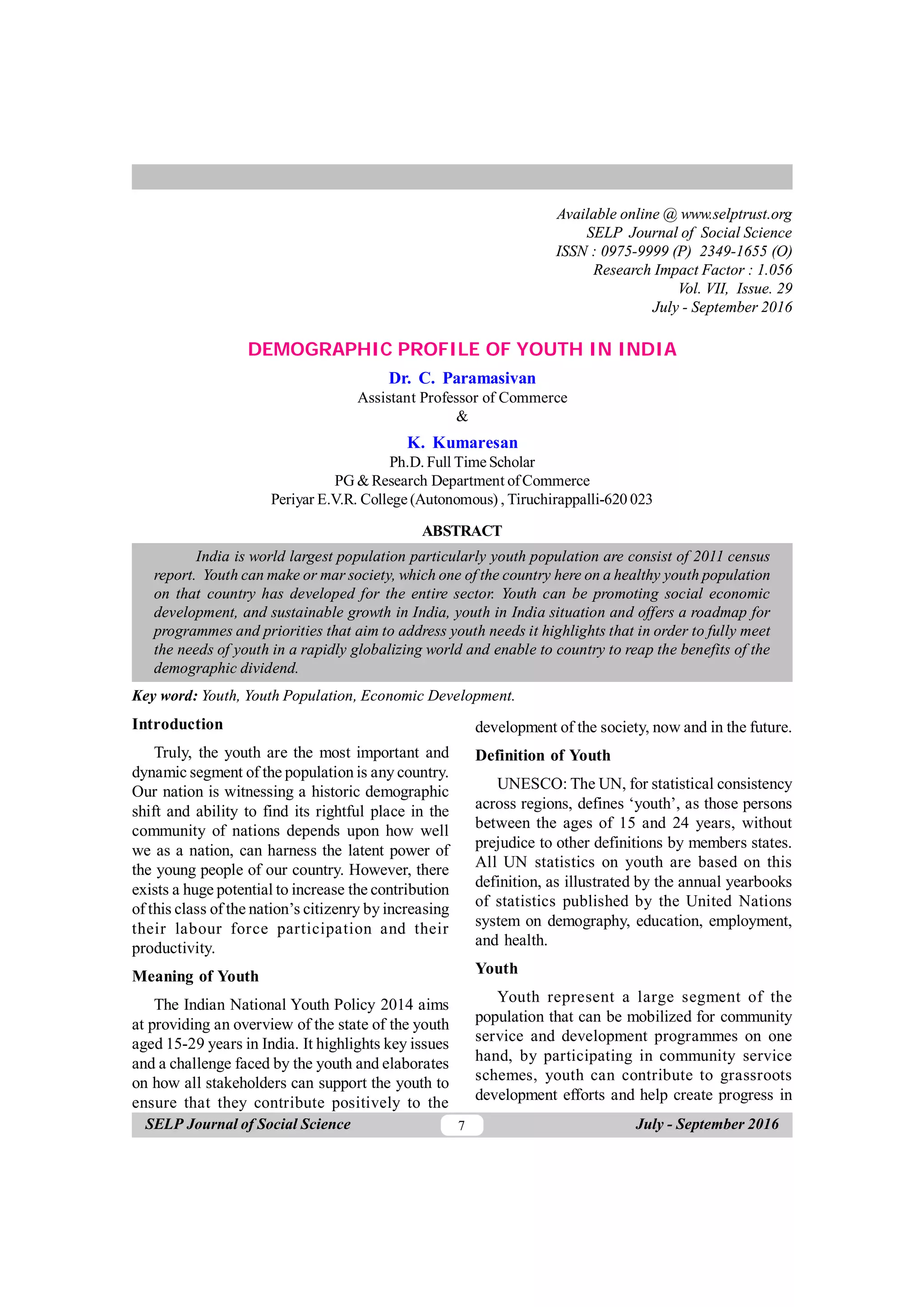 Demographic profile of youth in india | PDF