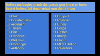ETHOS PATHOS LOGOS- Claim Argument | PPTX