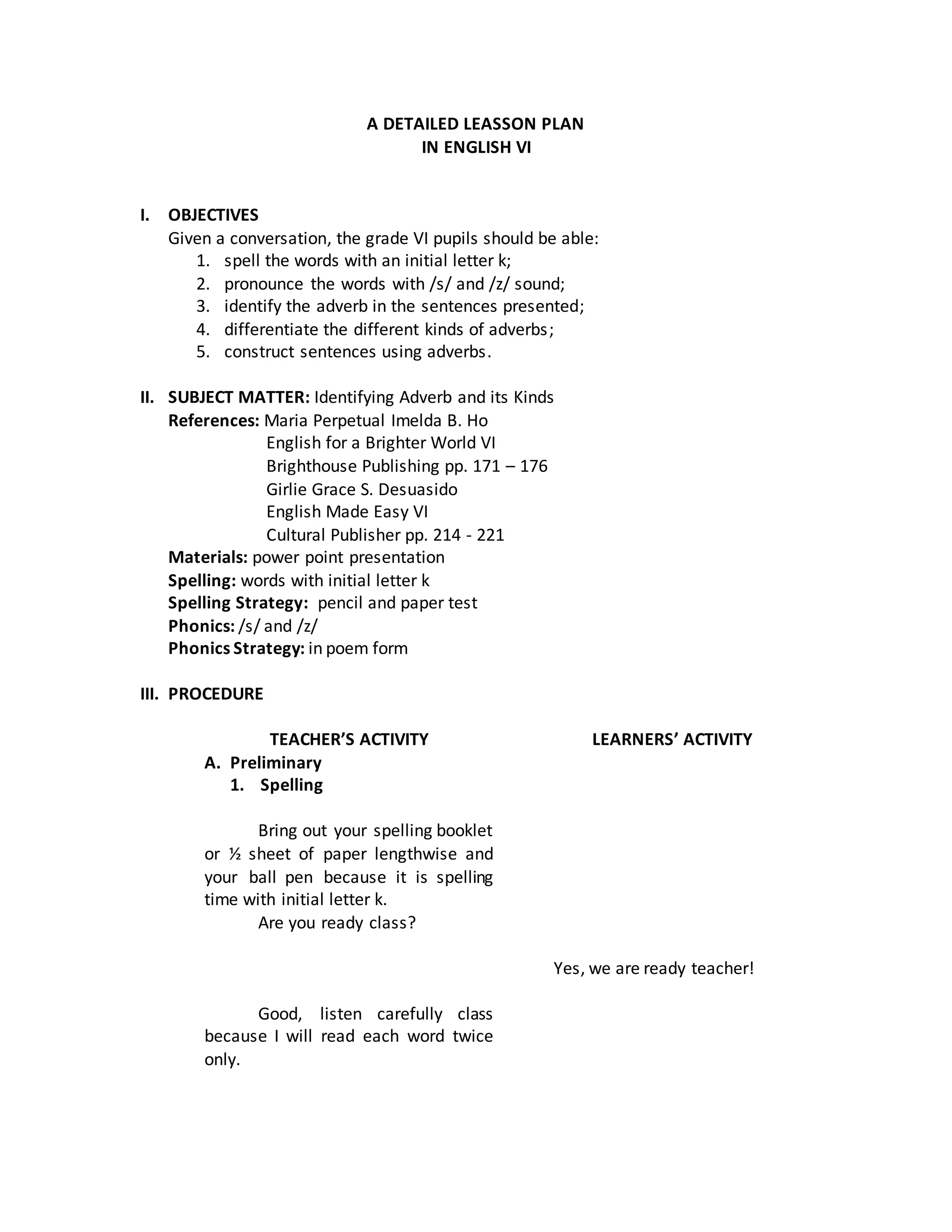 detailed lesson plan on adverbs for grade 6 | DOCX