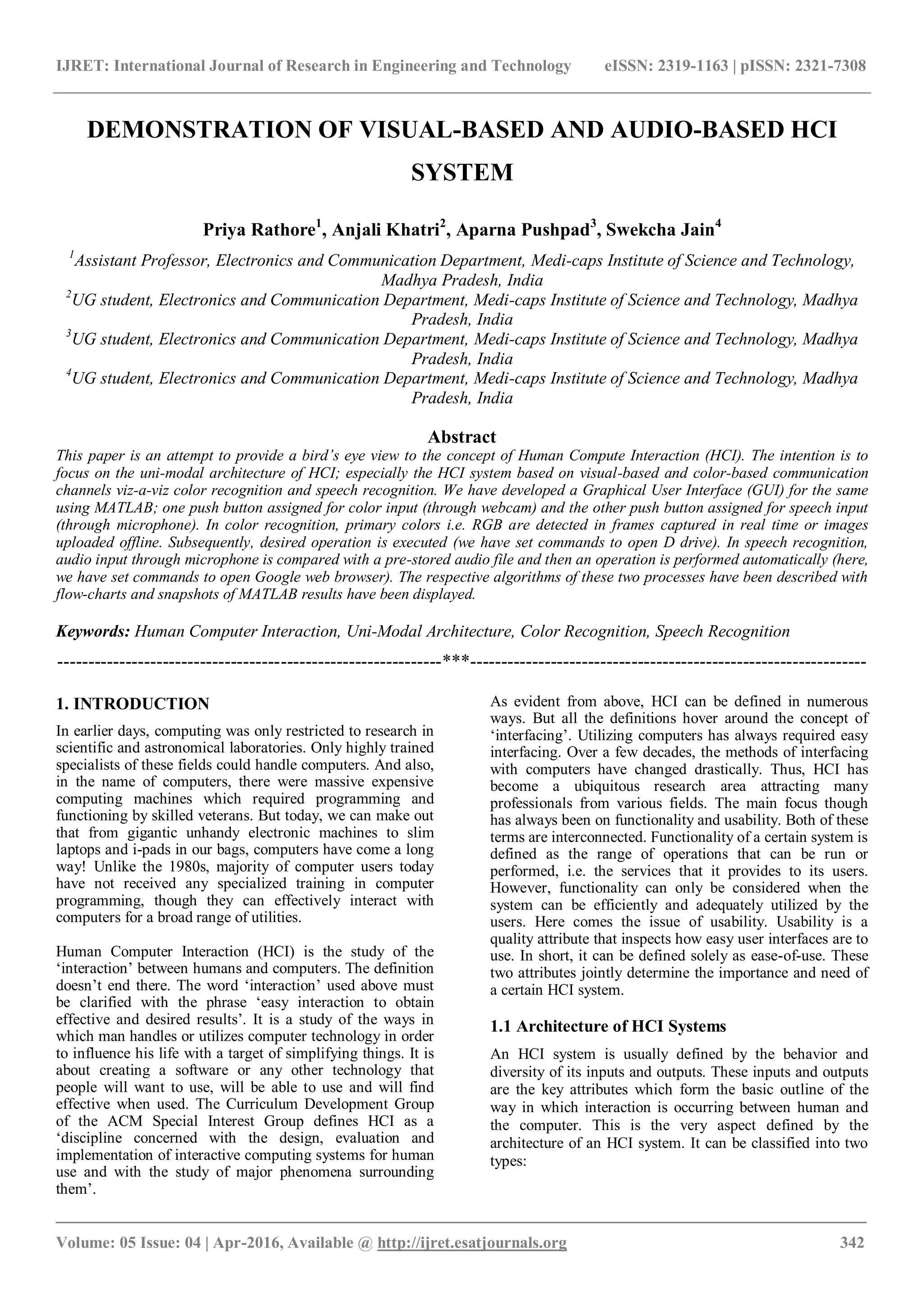 Demonstration of visual based and audio-based hci system | PDF