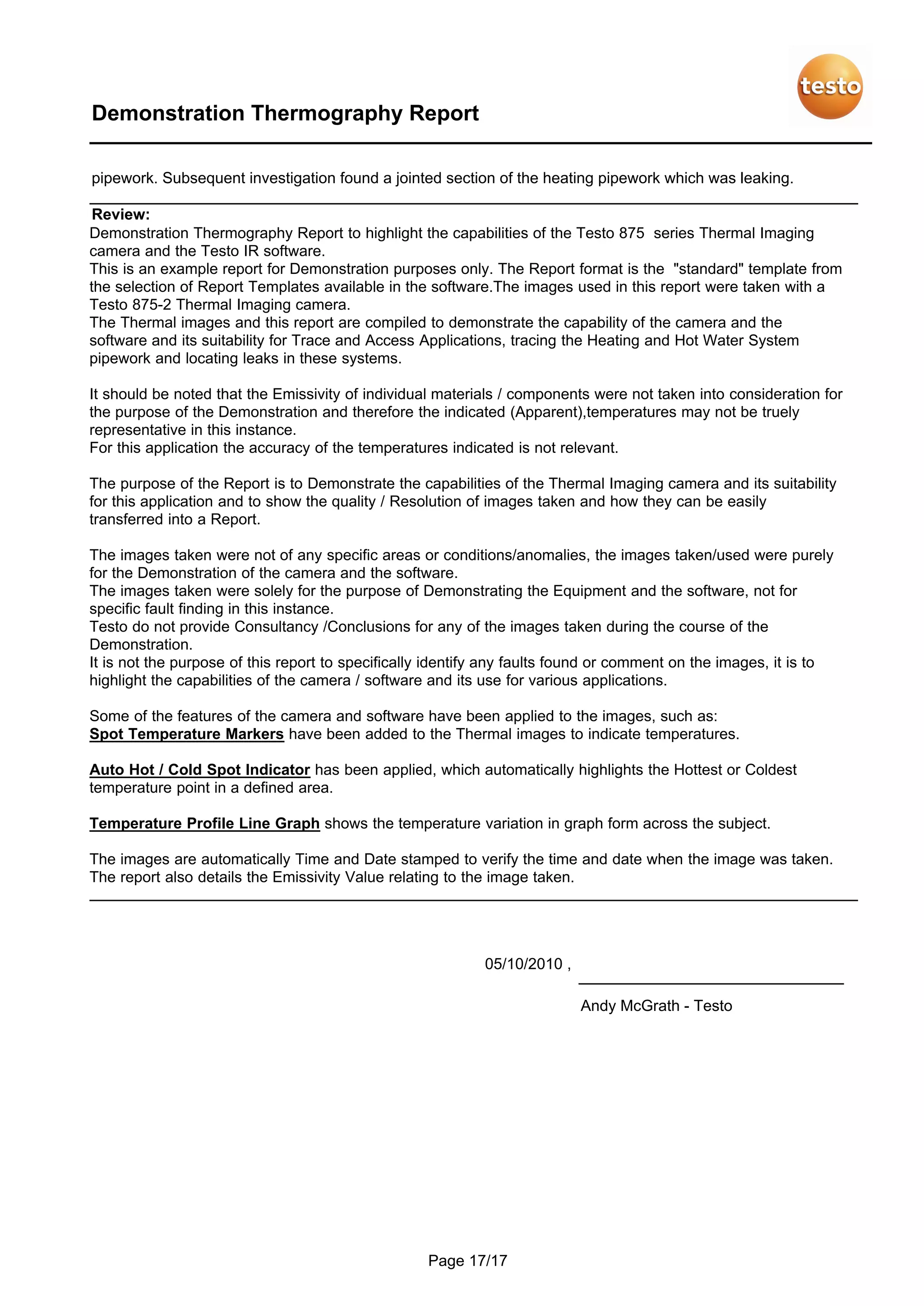 Demonstration thermography report of trace & access of heating pipework ...