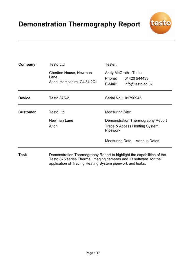 Demonstration thermography report of trace & access of heating pipework ...