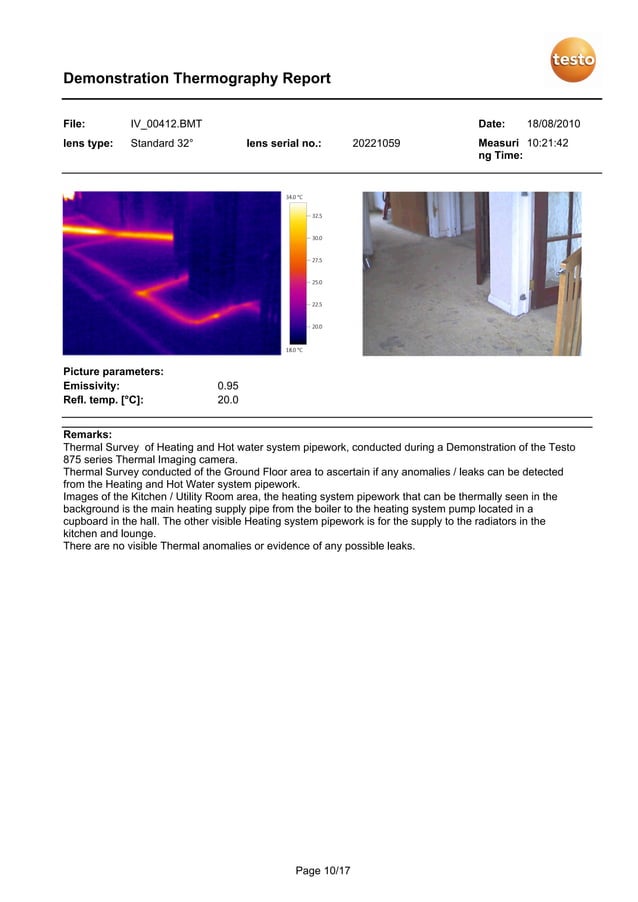 Demonstration thermography report of trace & access of heating pipework & leaks | PDF
