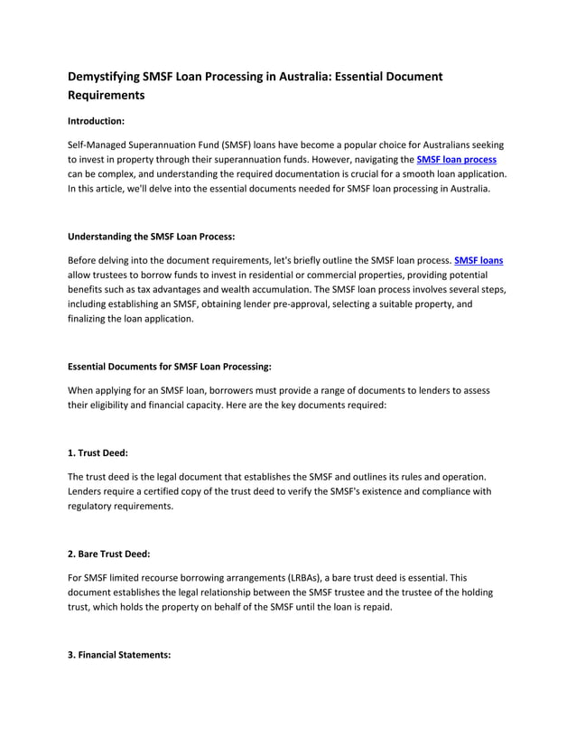 Demystifying SMSF Loan Processing in Australia - Essential Document ...