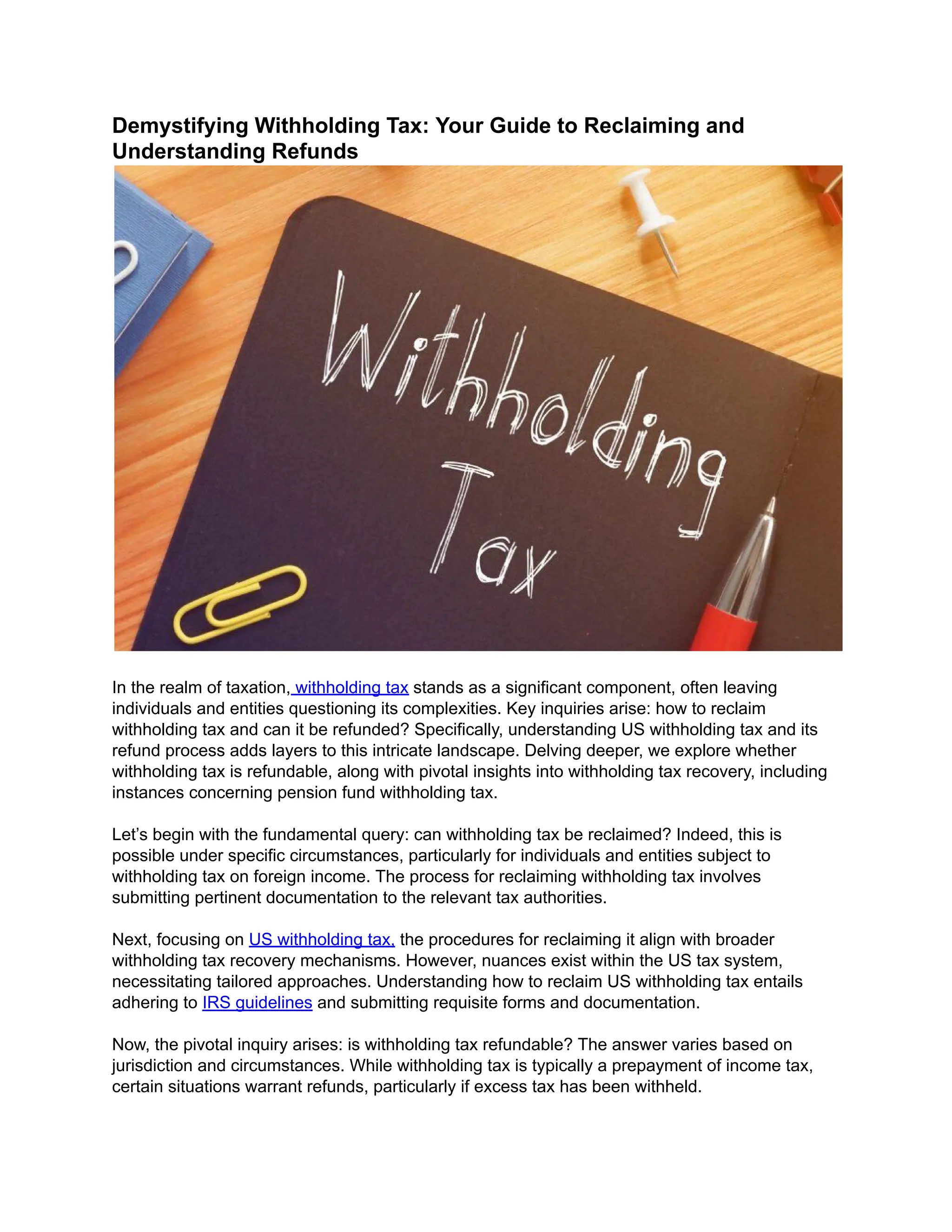 Demystifying Withholding Tax: Your Guide to Reclaiming and ...