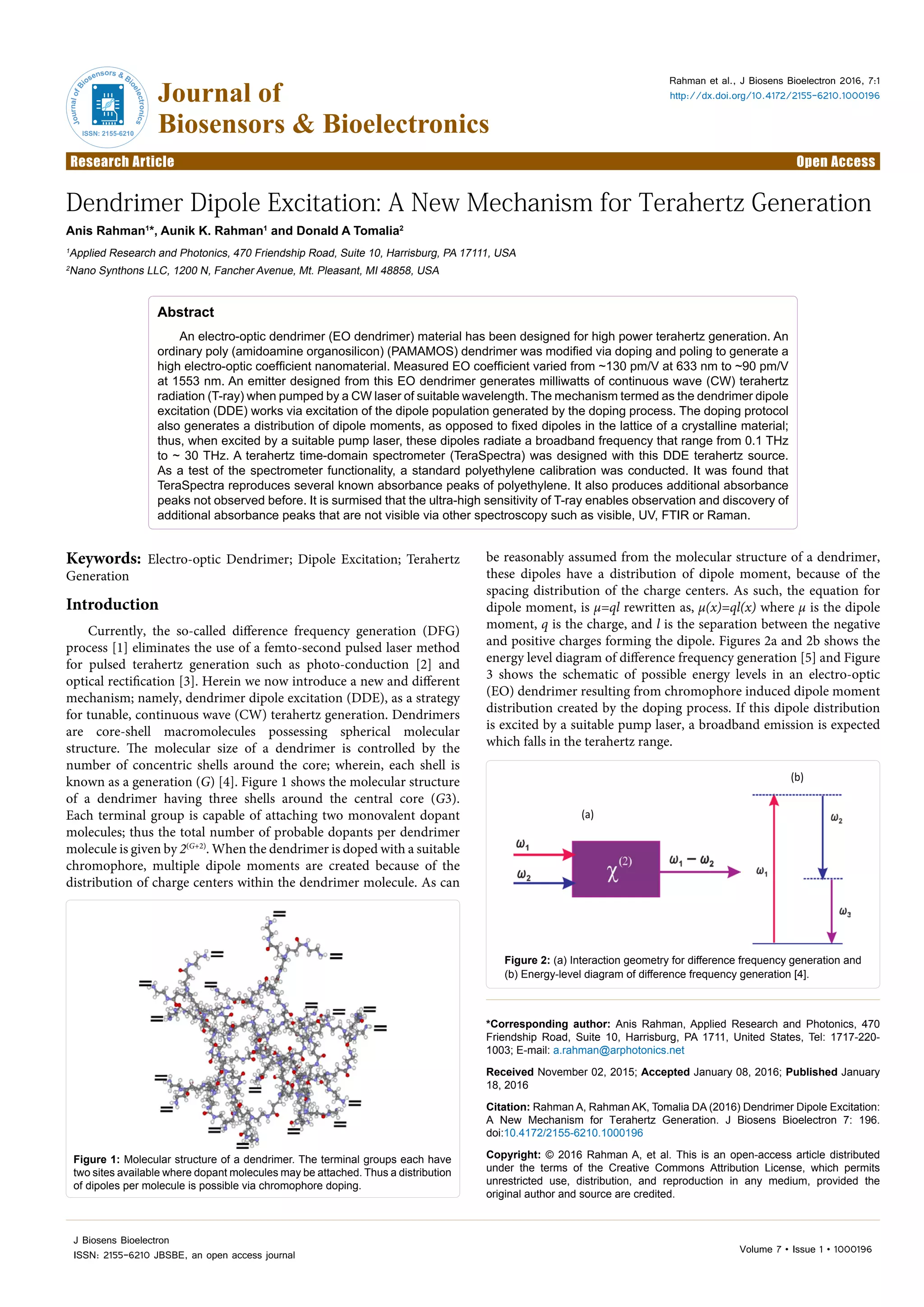 Dendrimer dipole excitation a new mechanism for terahertz generation ...