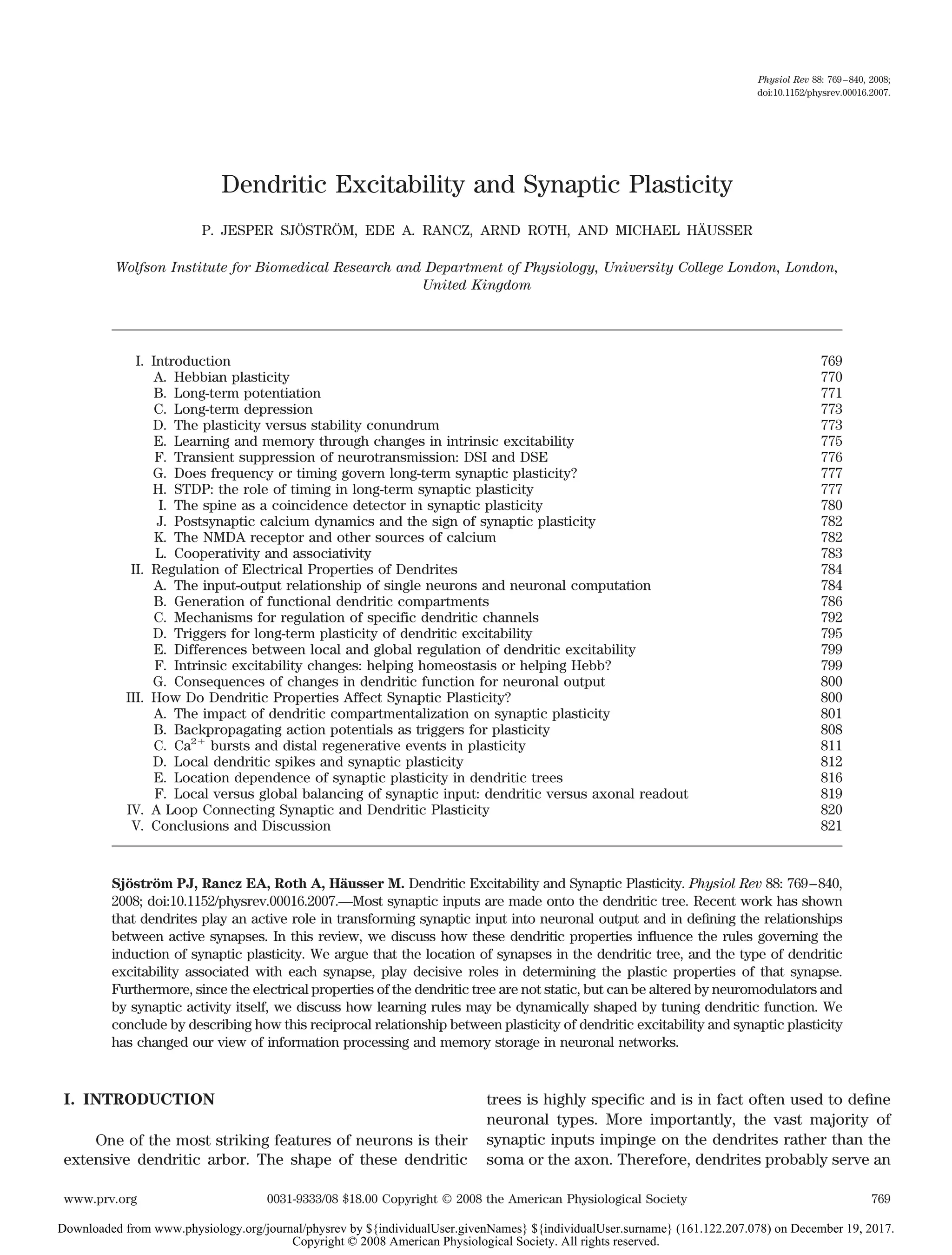 Dendritic excitability and synaptic plasticity | PDF | Chemistry | Science
