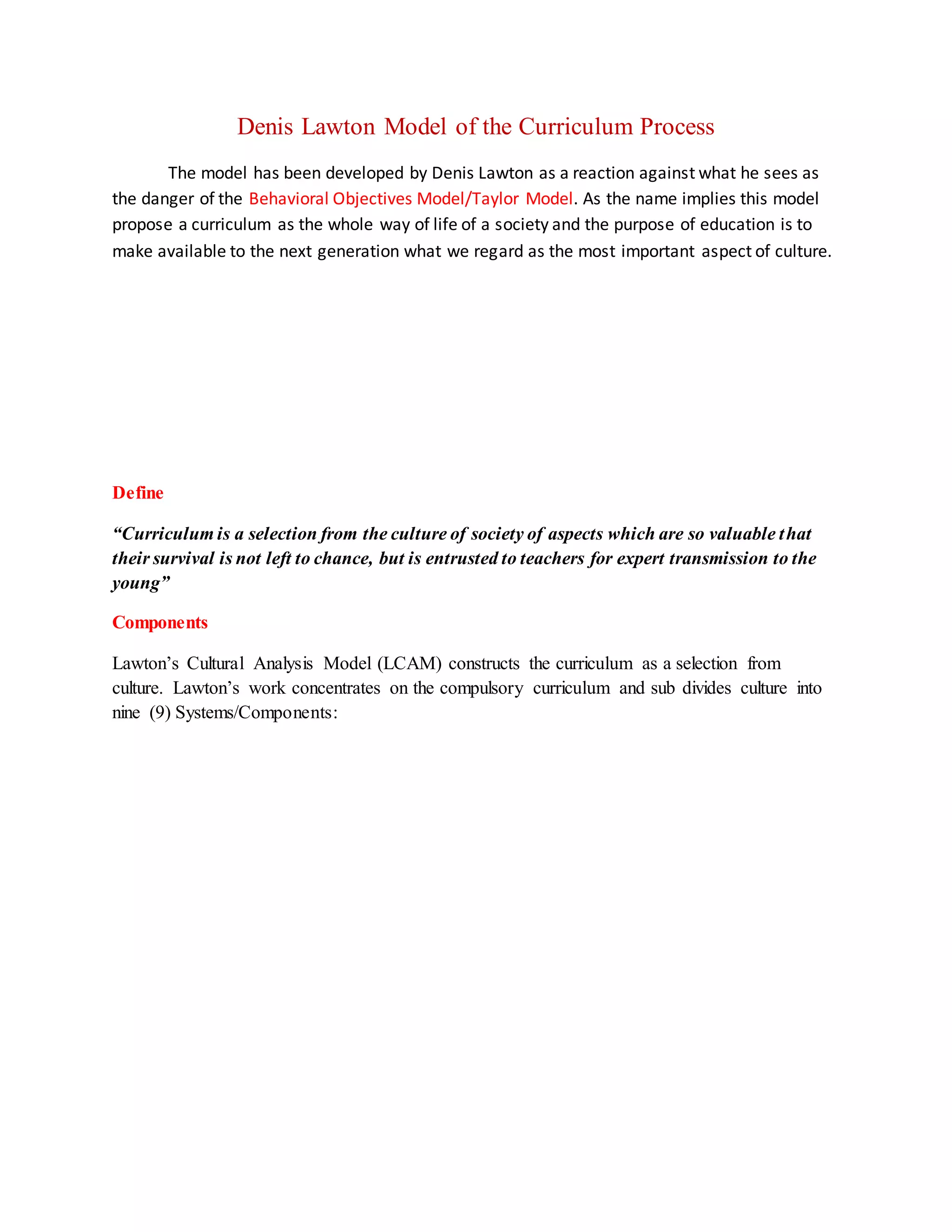 Denis lawton model of the curriculum process | DOCX