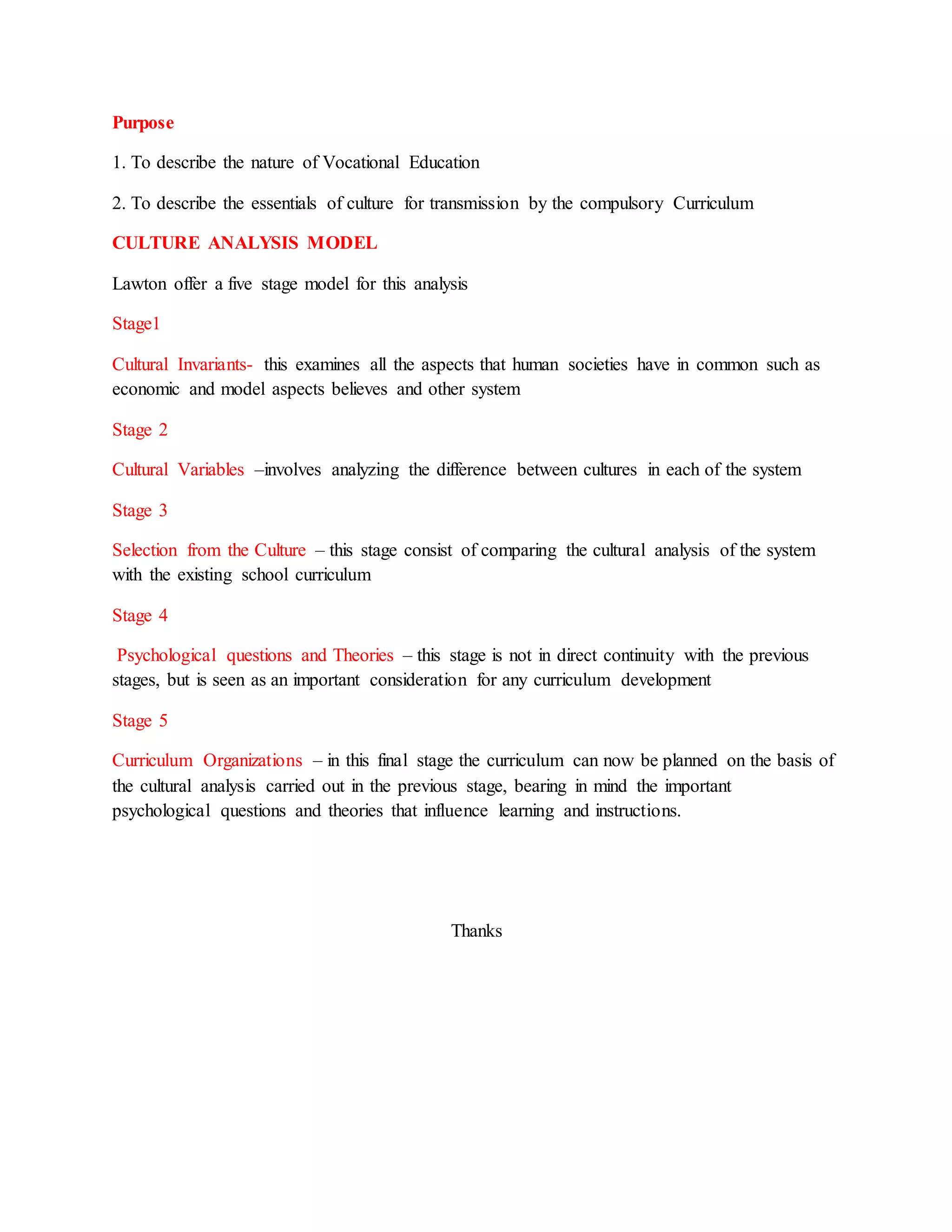 Denis lawton model of the curriculum process | DOCX