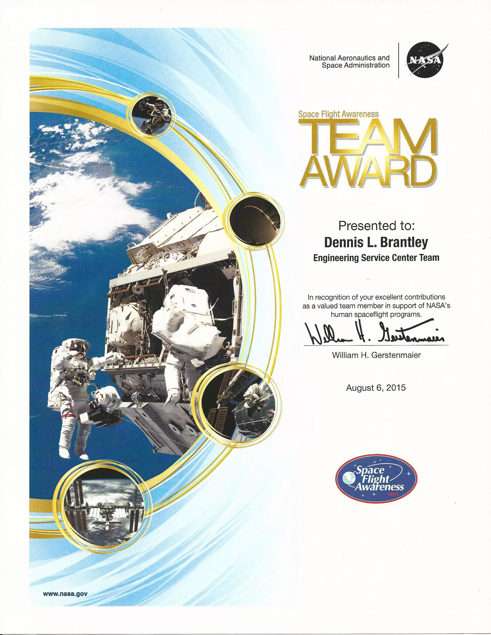 Dennis Received NASA Space Flight Awareness Team Award | PDF