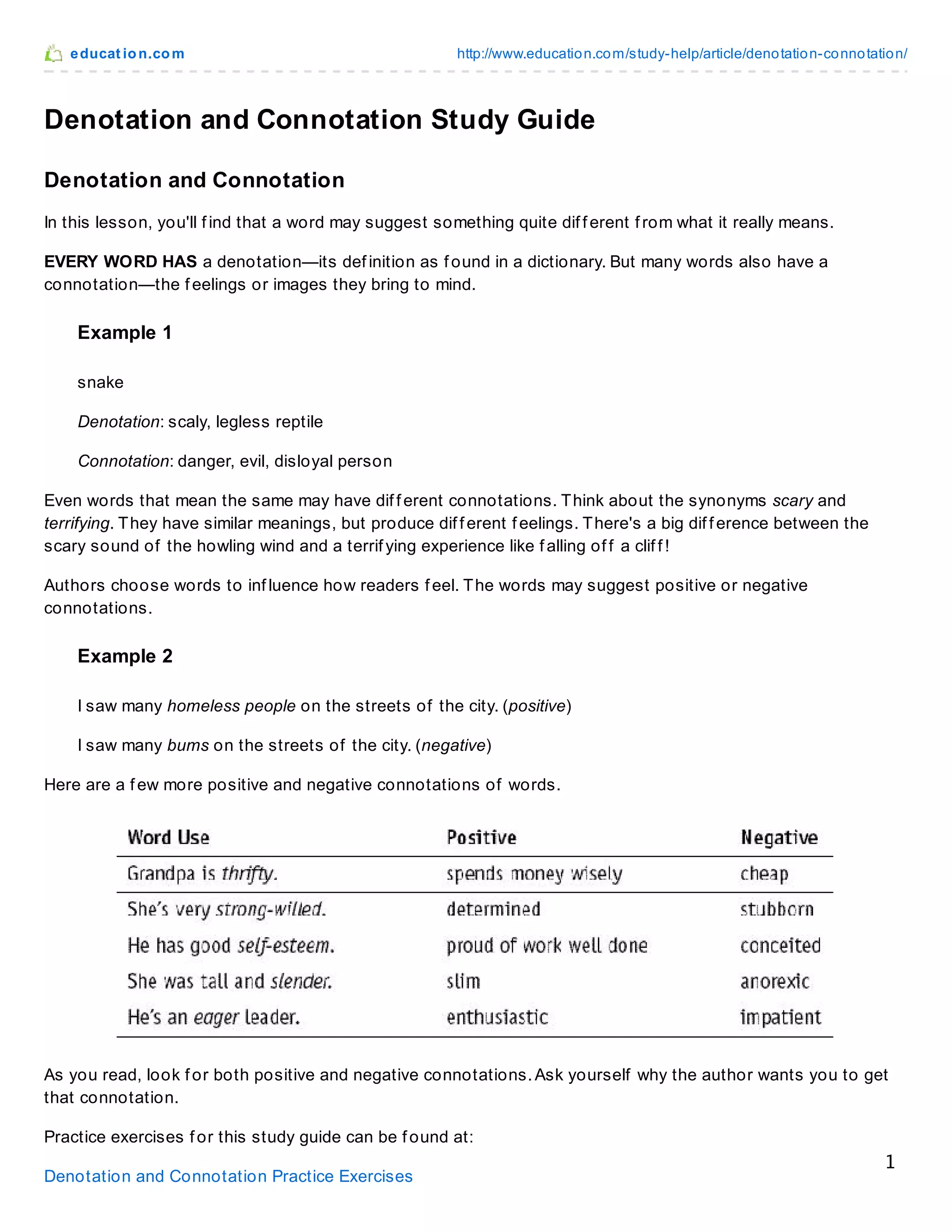 Denotation and Connotation Exercises | PDF